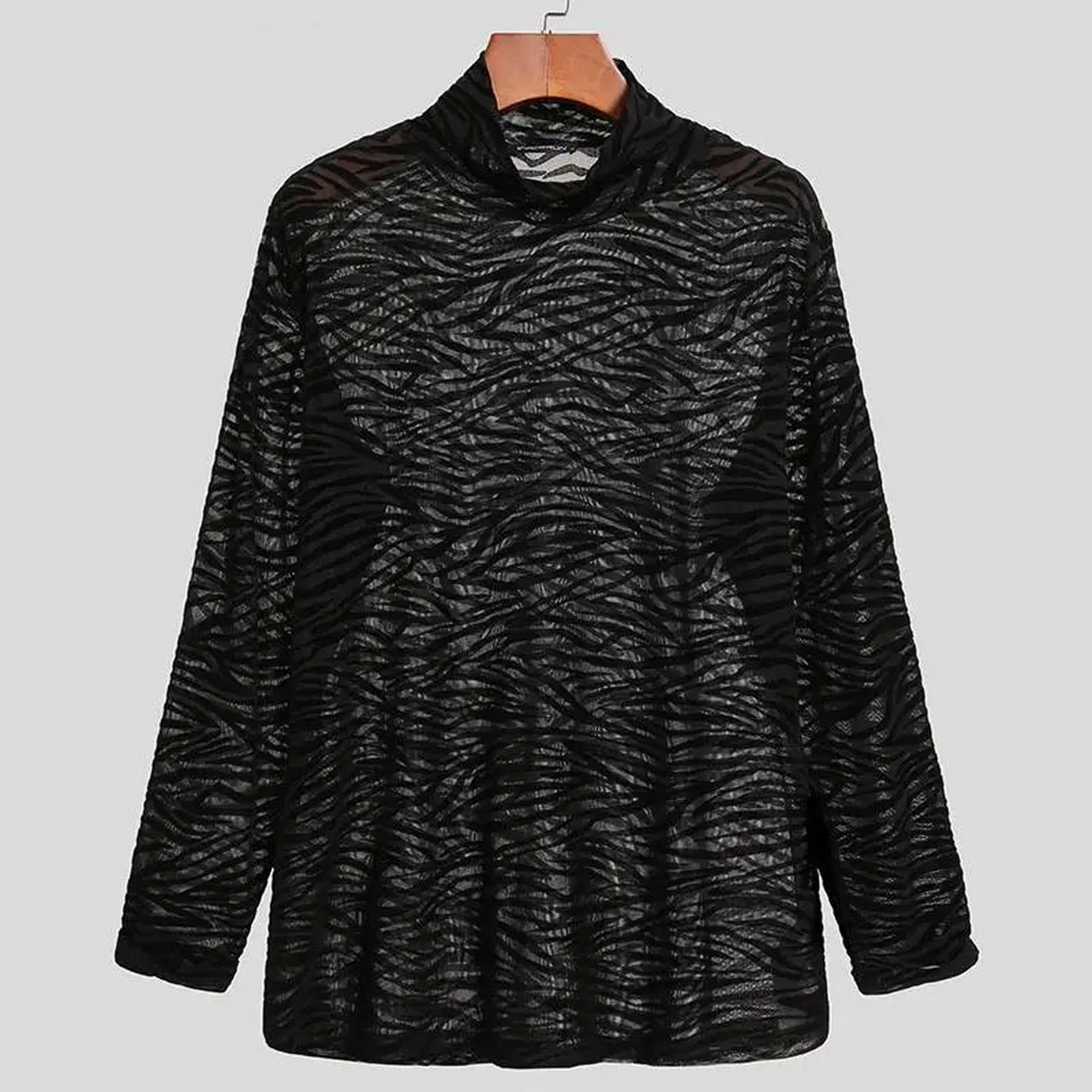 BAETEUY Men See-through Mesh Zebra Texture Print High Collar Long ...