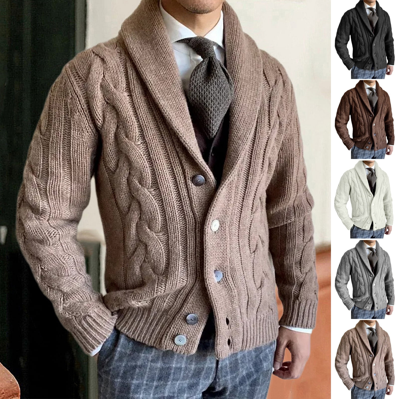 BAETEUY Men's Sweater Cardigan, Lapel, Long Sleeve, Twist Texture ...