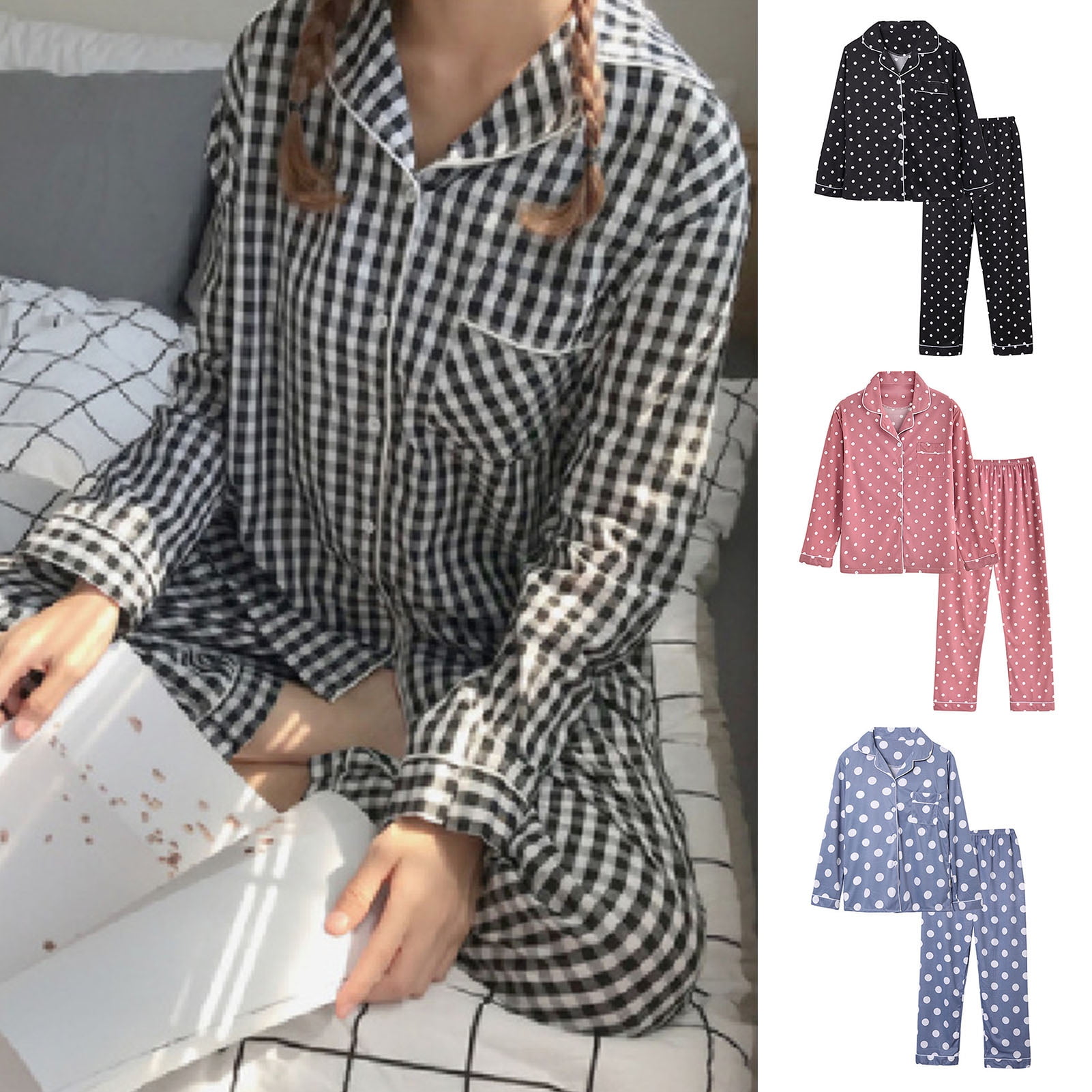 BAETEUY Pajamas Suit, 2 Pcs/Set, Dot Print, Single-breasted, Cardigan ...