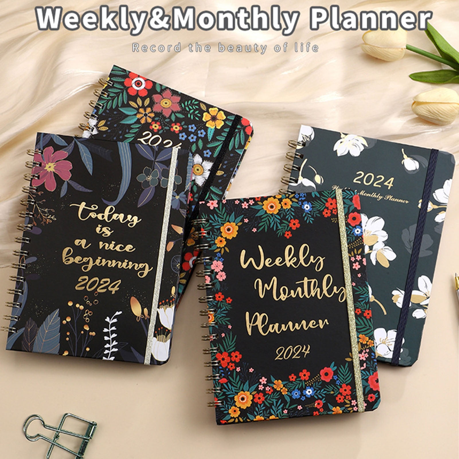BAETEUY Weekly Planner 2024 Monthly Planner Flower Print Coil Design ...