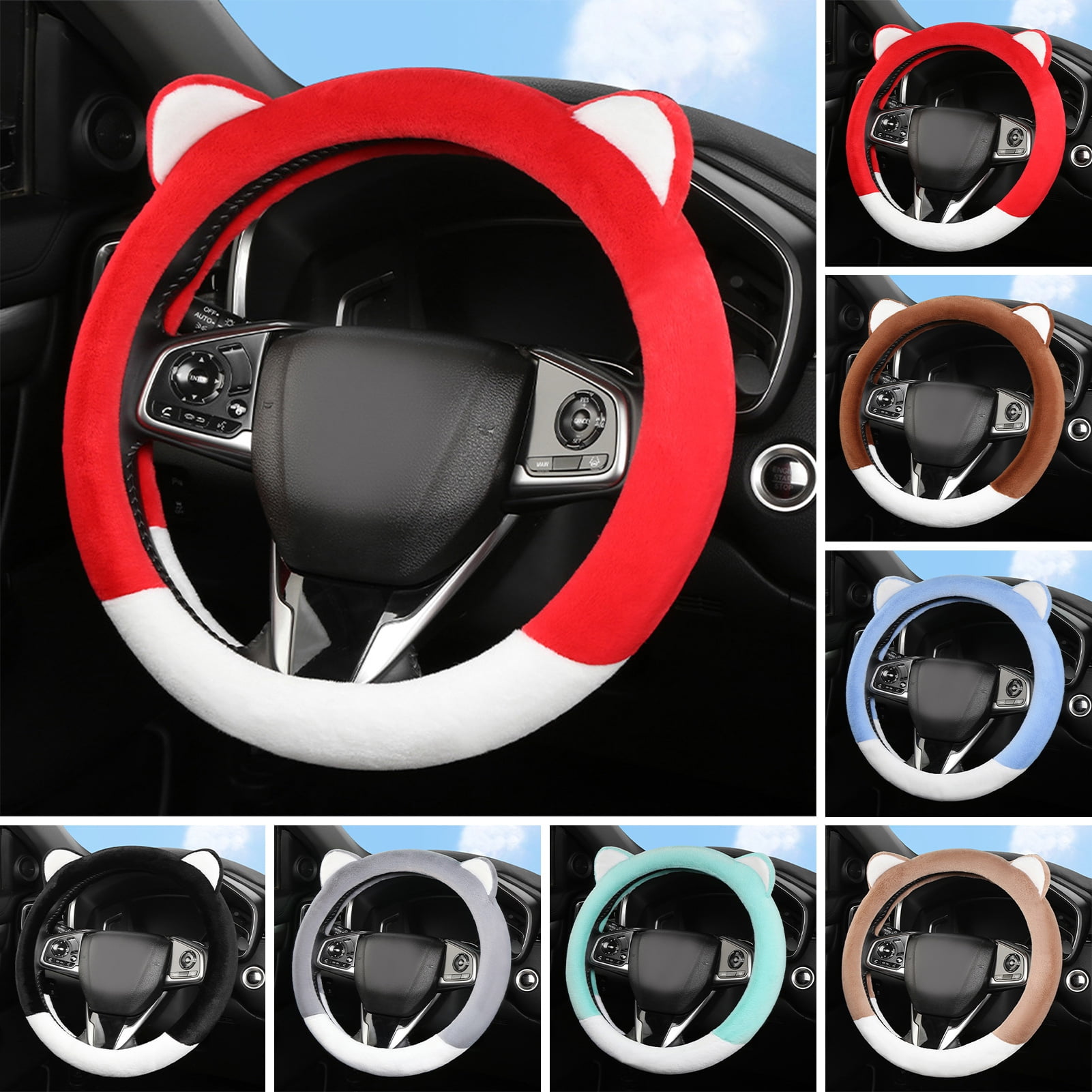 BAETEUY Winter Cartoon Cute Fluffy Steering Wheel Cover Girls Ear Decor ...