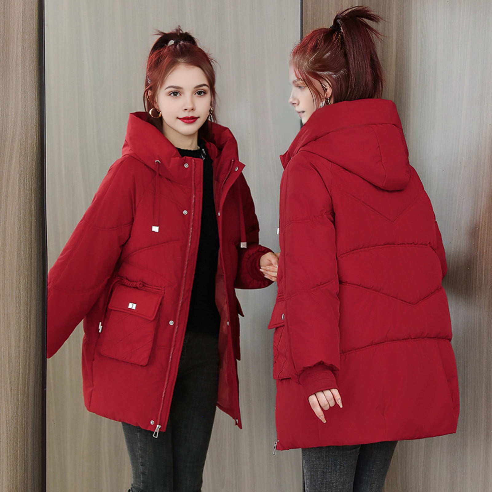 BAETEUY Winter Down Coat, Thickened Padded, Hooded, Pockets, Zipper ...