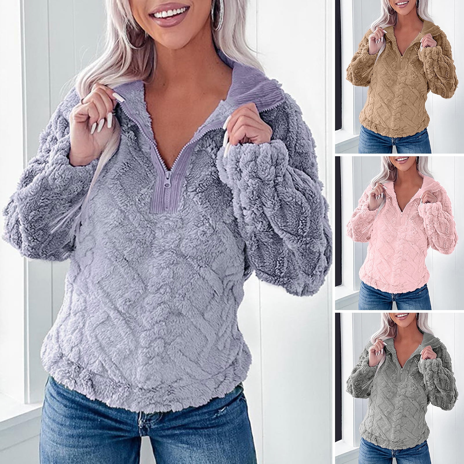 BAETEUY Winter Women Sweatshirt, Zippered Turn-down Collar, Rhombus Texture, Plush Thick, Long ...