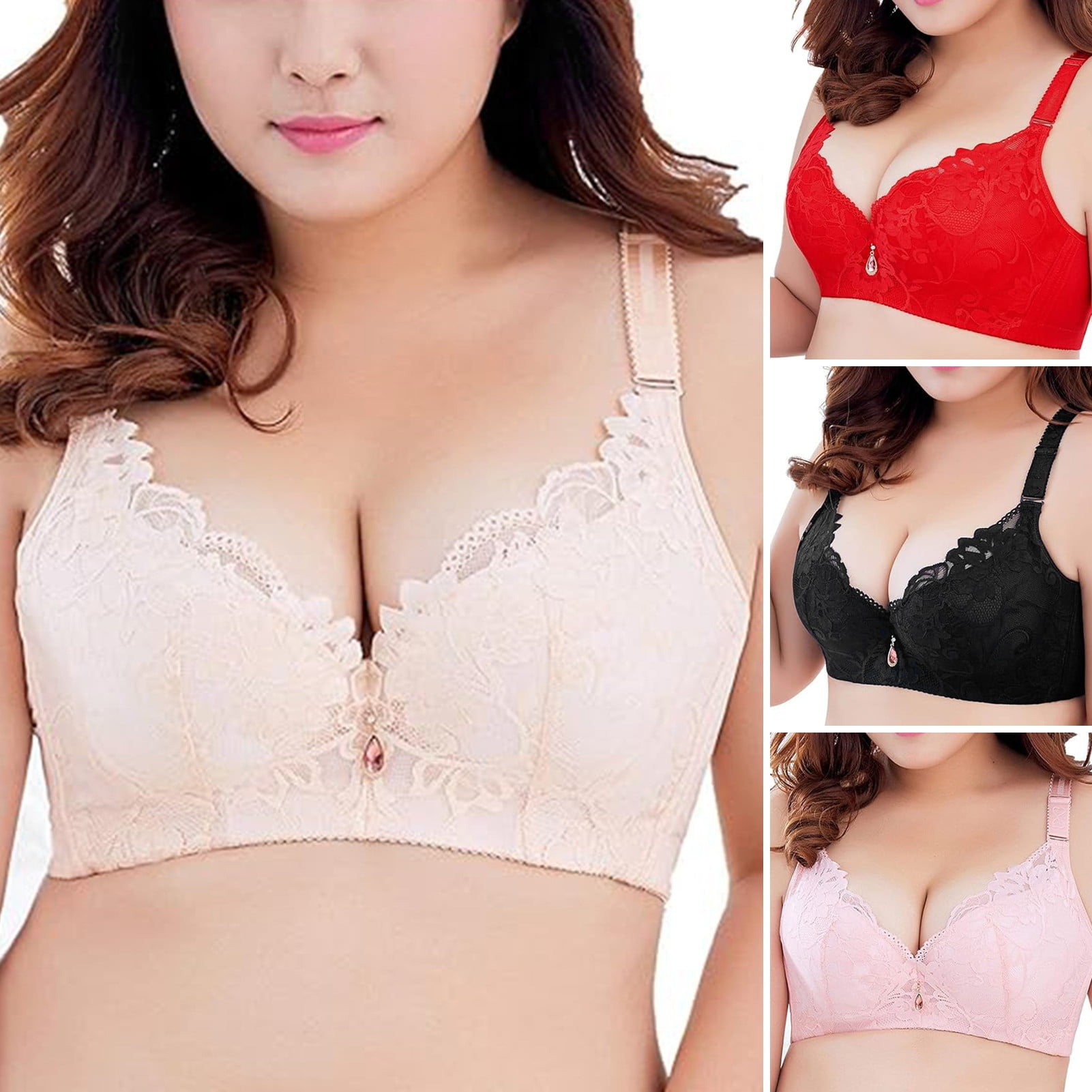 BAETEUY Women Bra Plus Size Adjustable Strap Push-up Lace Back Closure Solid Color Wired All-Day ...