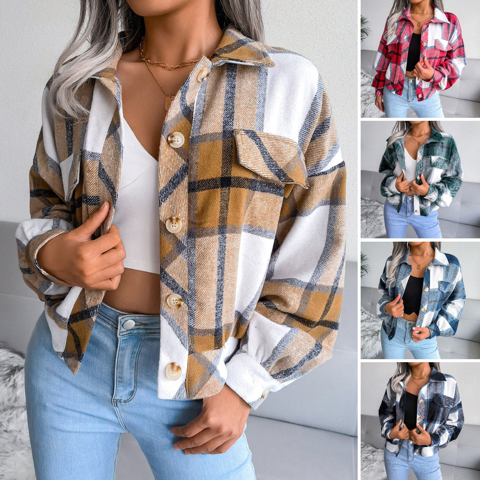 BAETEUY Women Jacket Contrast Color Plaid Print Turn-down Collar Loose ...