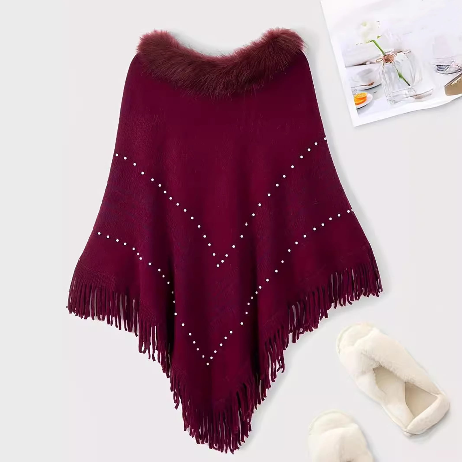 BAETEUY Women's Fall/Winter Cloak, Tassel Bead Decor, Faux Fur ...