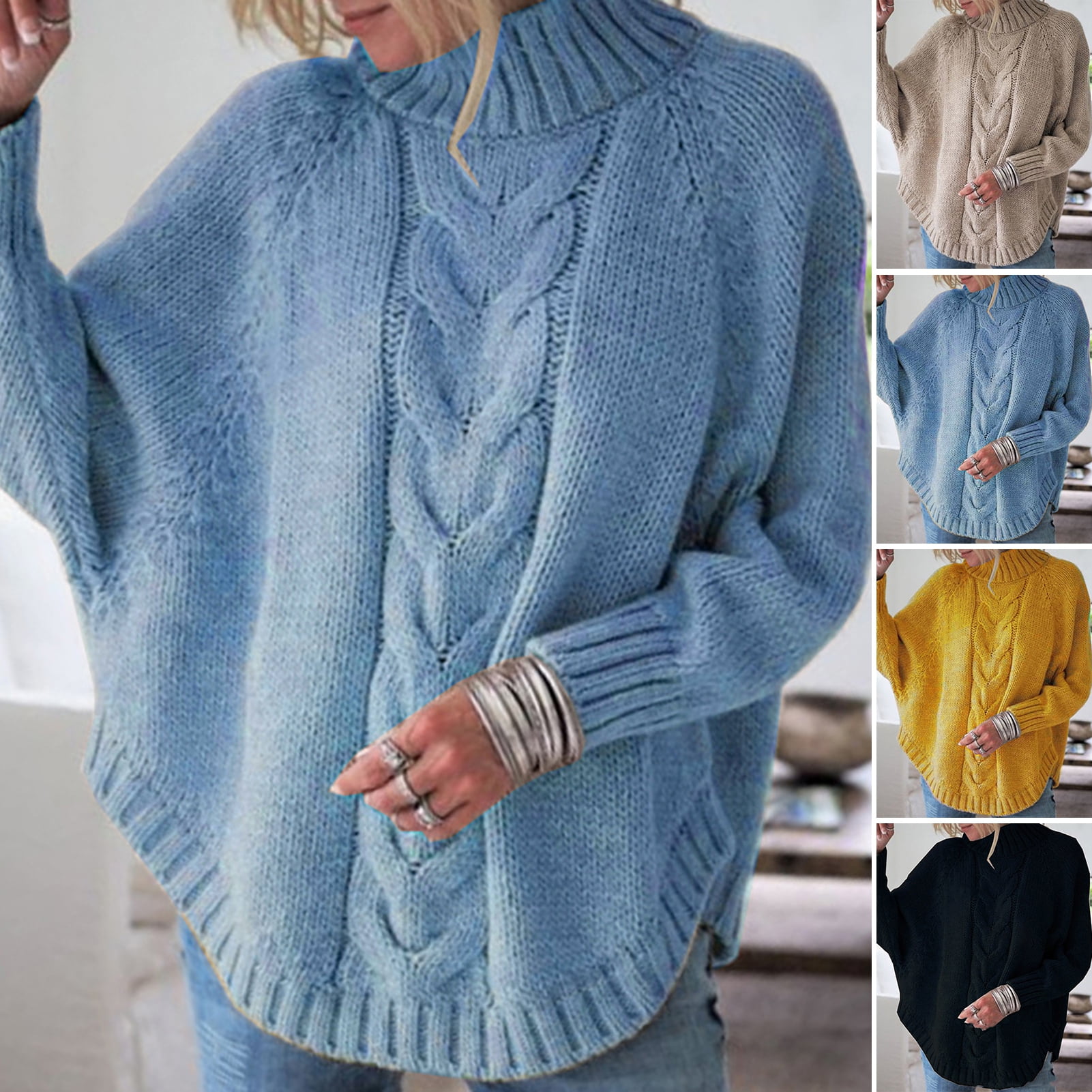 BAETEUY Women's Knitted Sweater Top - Half High Collar Batwing Long ...