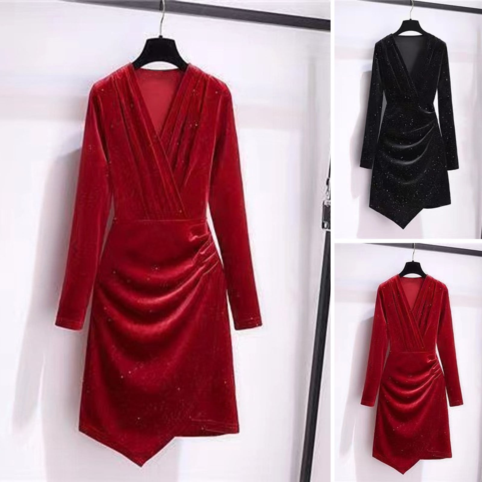 BAETEUY Women's Short Dress, V-Neck, Long Sleeves, Pleated, Pure Color ...