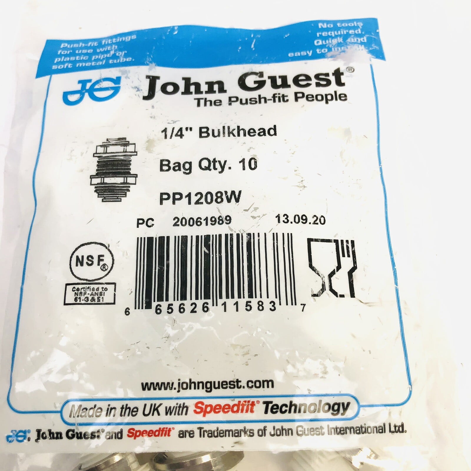 BAG OF 10 JOHN GUEST PP1208W 1/4" BULKHEAD PUSH-FIT FITTING CONNECTOR - Walmart.com