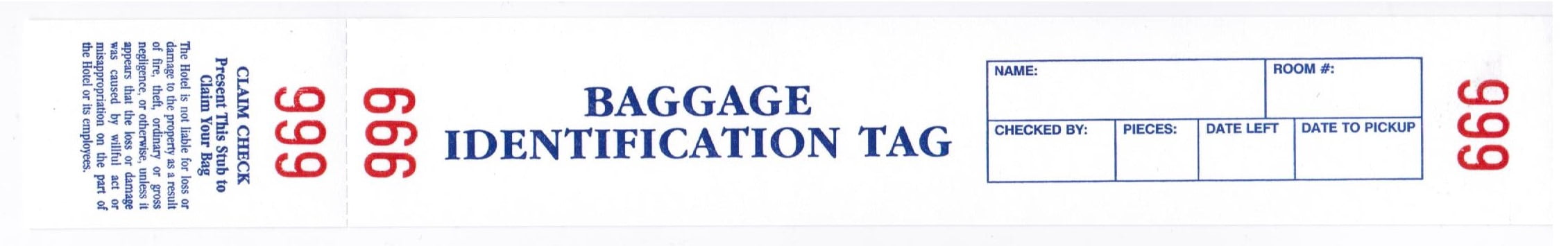 BAGGAGE IDENTIFICATION TAG w Claim Check, White Cohesive Stock, Printed ...