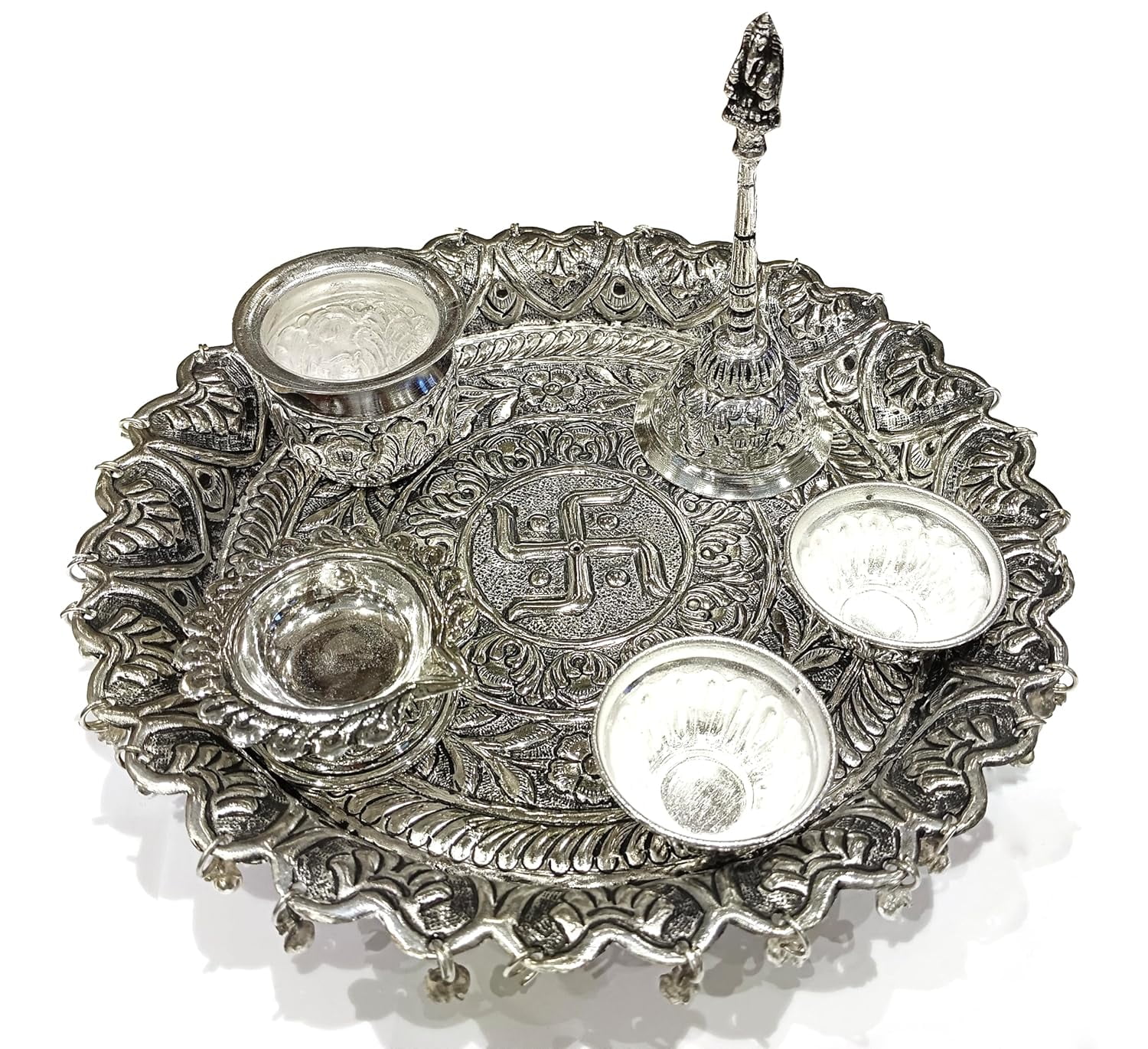 BAGGAS ADALIZ German Silver Hand Engraved Heavy Pooja Thali Set 10 x 10 inches 6 Pieces 730 ...