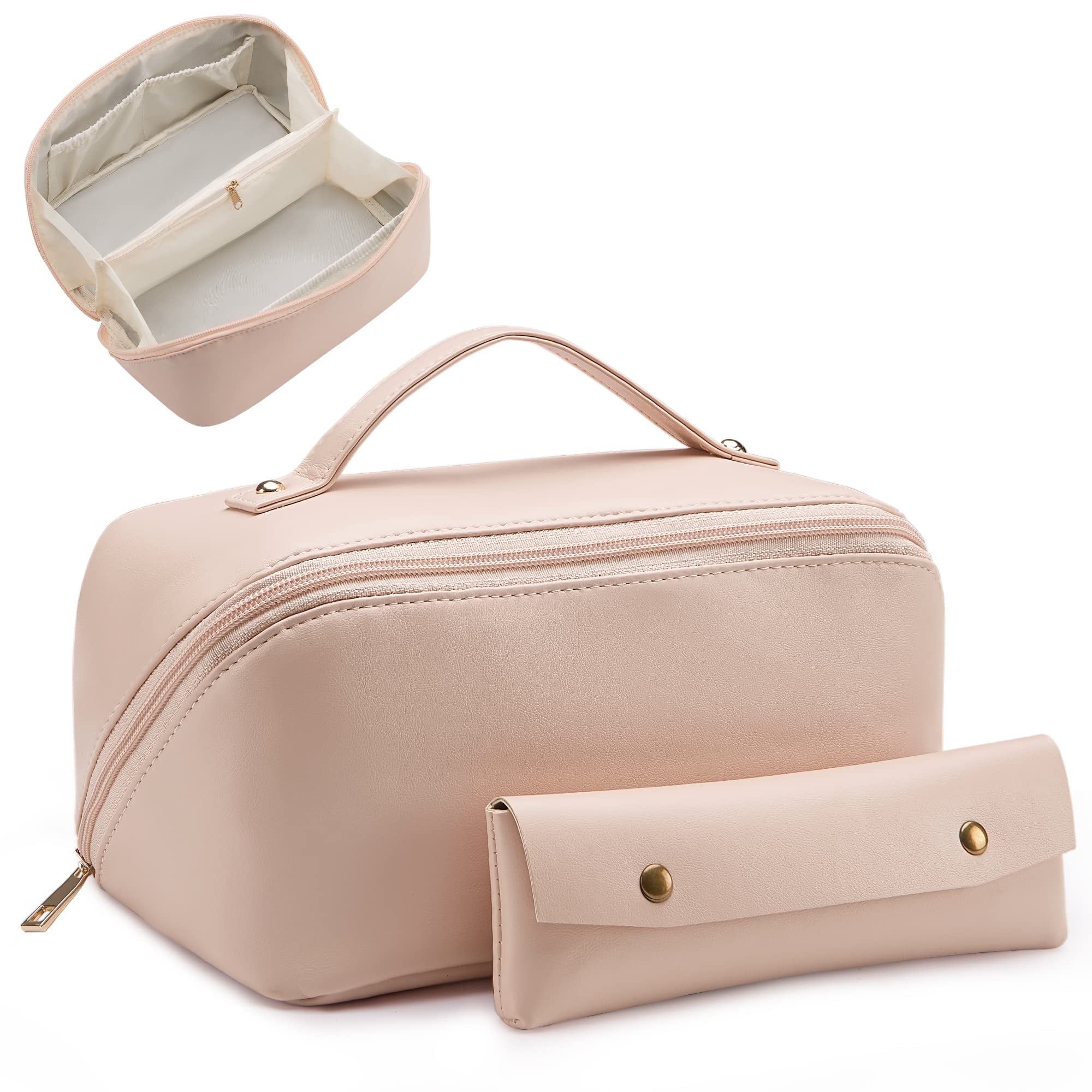 BAGMIND Large Capacity Travel Cosmetic Bag, PU Leather Portable Storage Makeup Bag with Divider ...