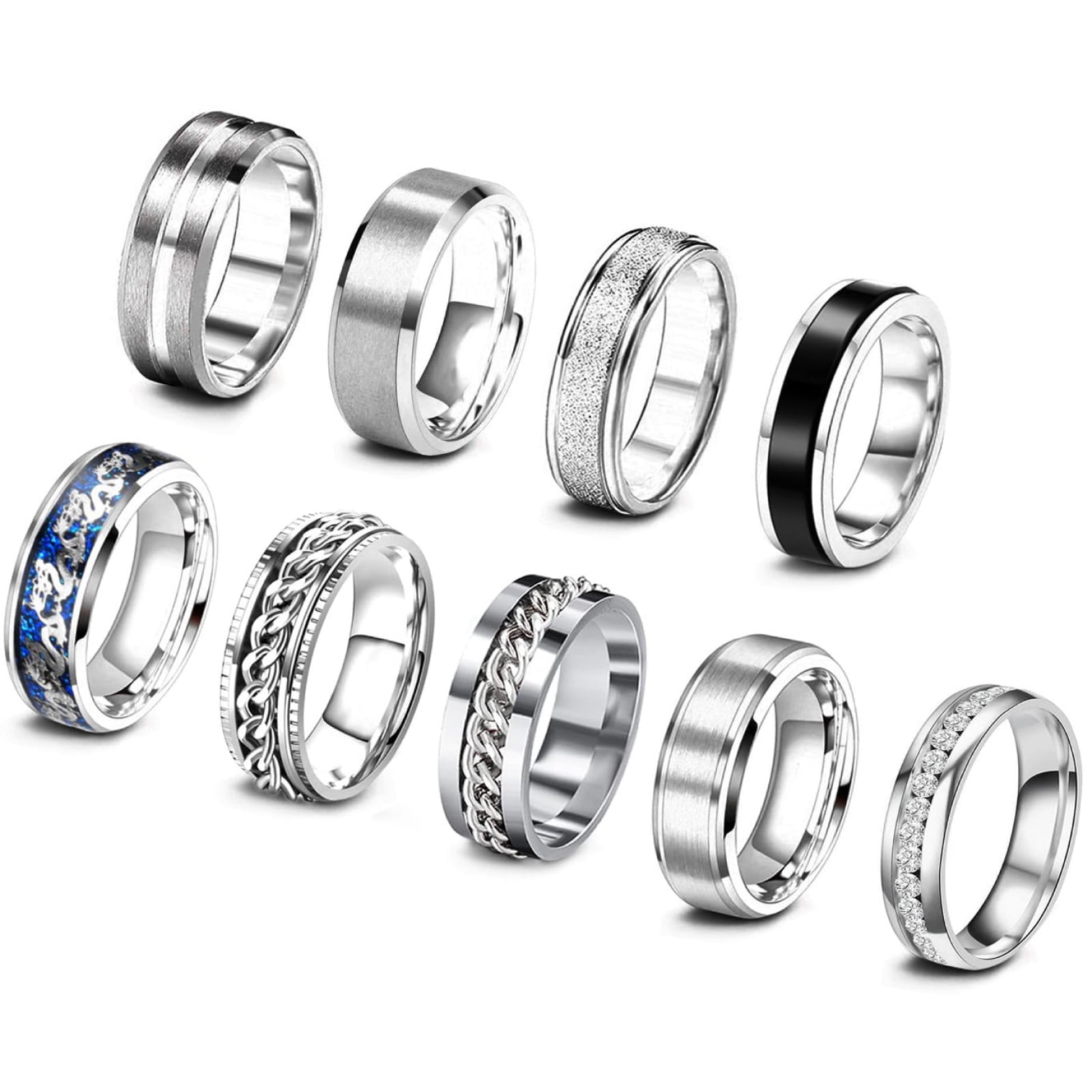 SFTING 9Pcs Stainless Steel Band Ring for Men Women Fidget Spinning ...