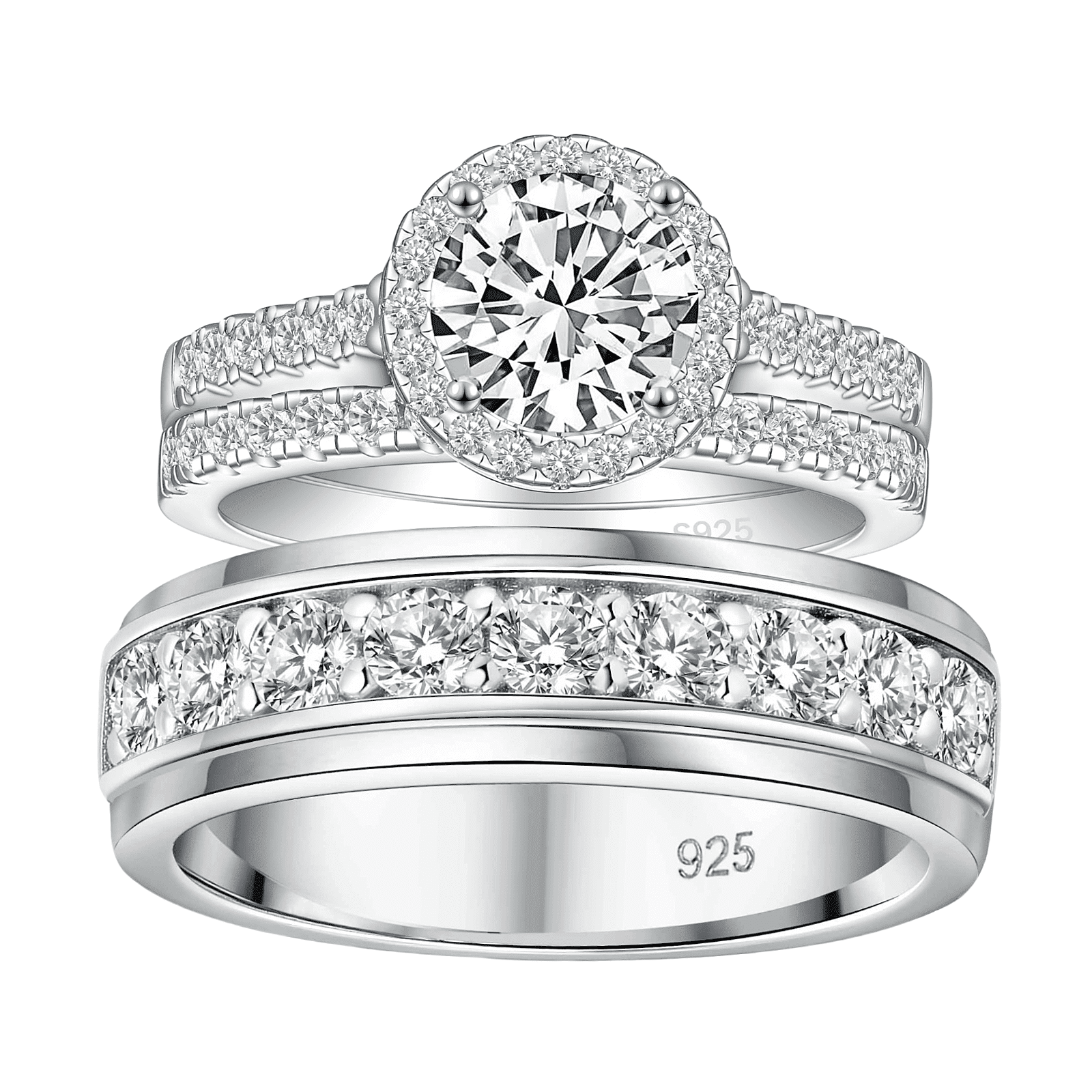SFTING Wedding Rings Set for Him and Her Women Men Wedding Ring Halo Round Cut 925 Sterling ...