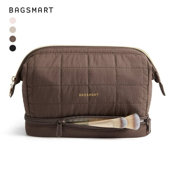 BAGSMART Double Layer Makeup Bag Wide-open Cosmetic Pouch Organizer ...
