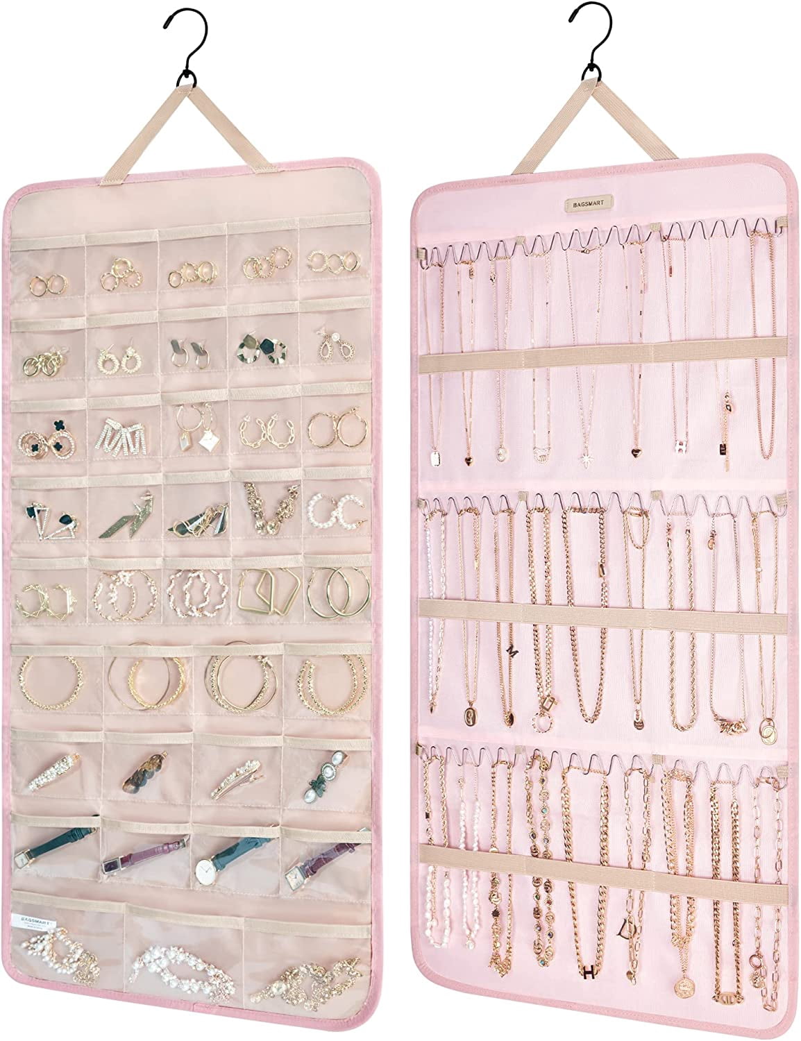 BAGSMART Hanging Jewelry Organizer Storage Roll with Hanger Metal Hooks ...