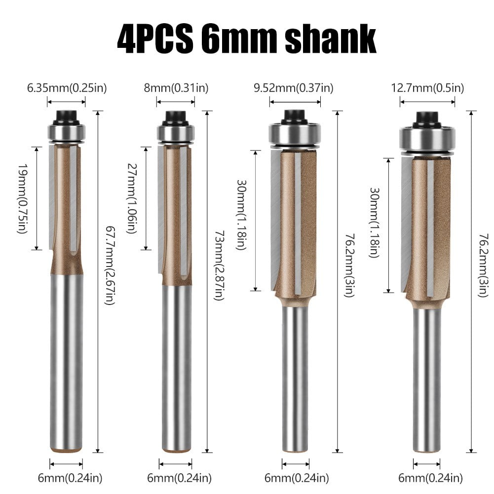 BAGUER 6mm 1/4In Shank Trim Router Bit 3Blades with Bearing Woodworking ...