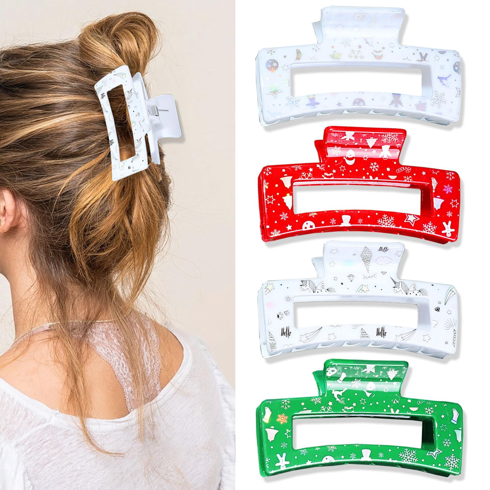 BAISEN New Christmas Hair Clips,3.4 inches Large rectangle Claw Clip ...