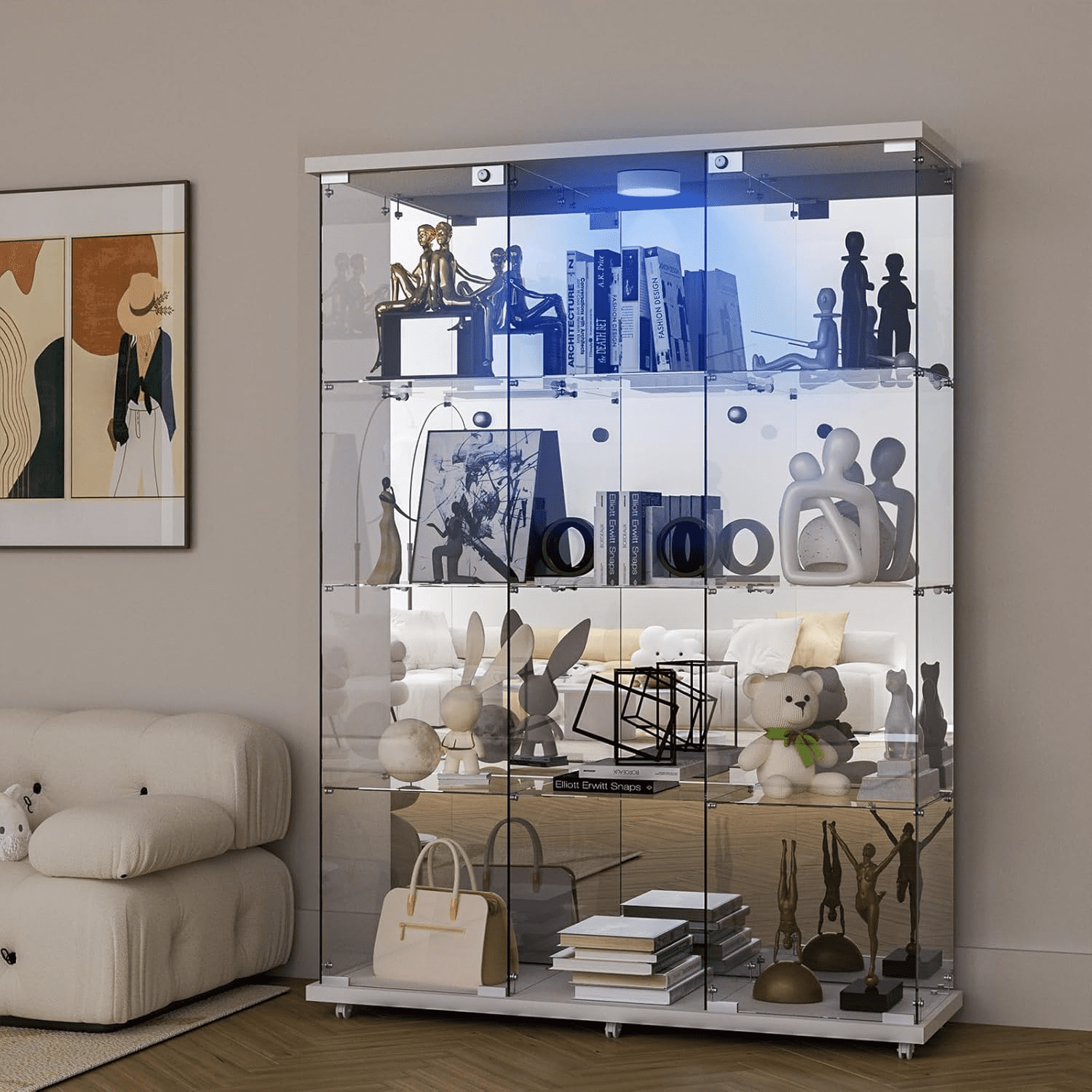 BAIVAKON Glass Display Cabinet with Double Door and Lock, Quick-Install Style 4-Shelf Curio ...