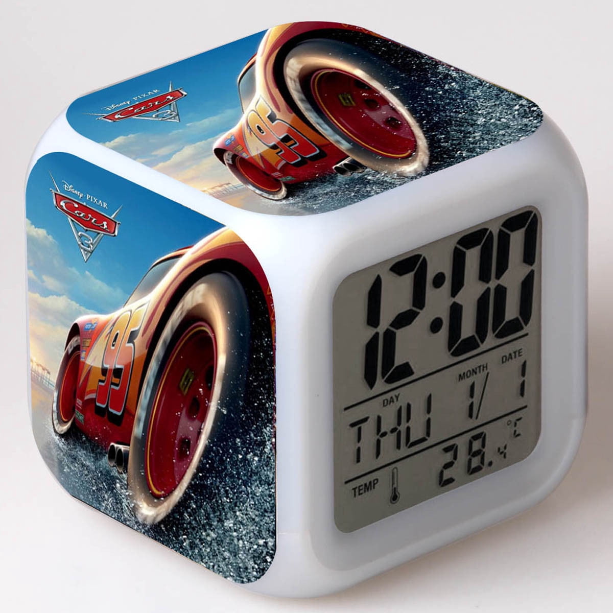 BAIZOHAI Digital Alarm Clock for Kids, Cartoon Cars Pattern 7 LED Color ...