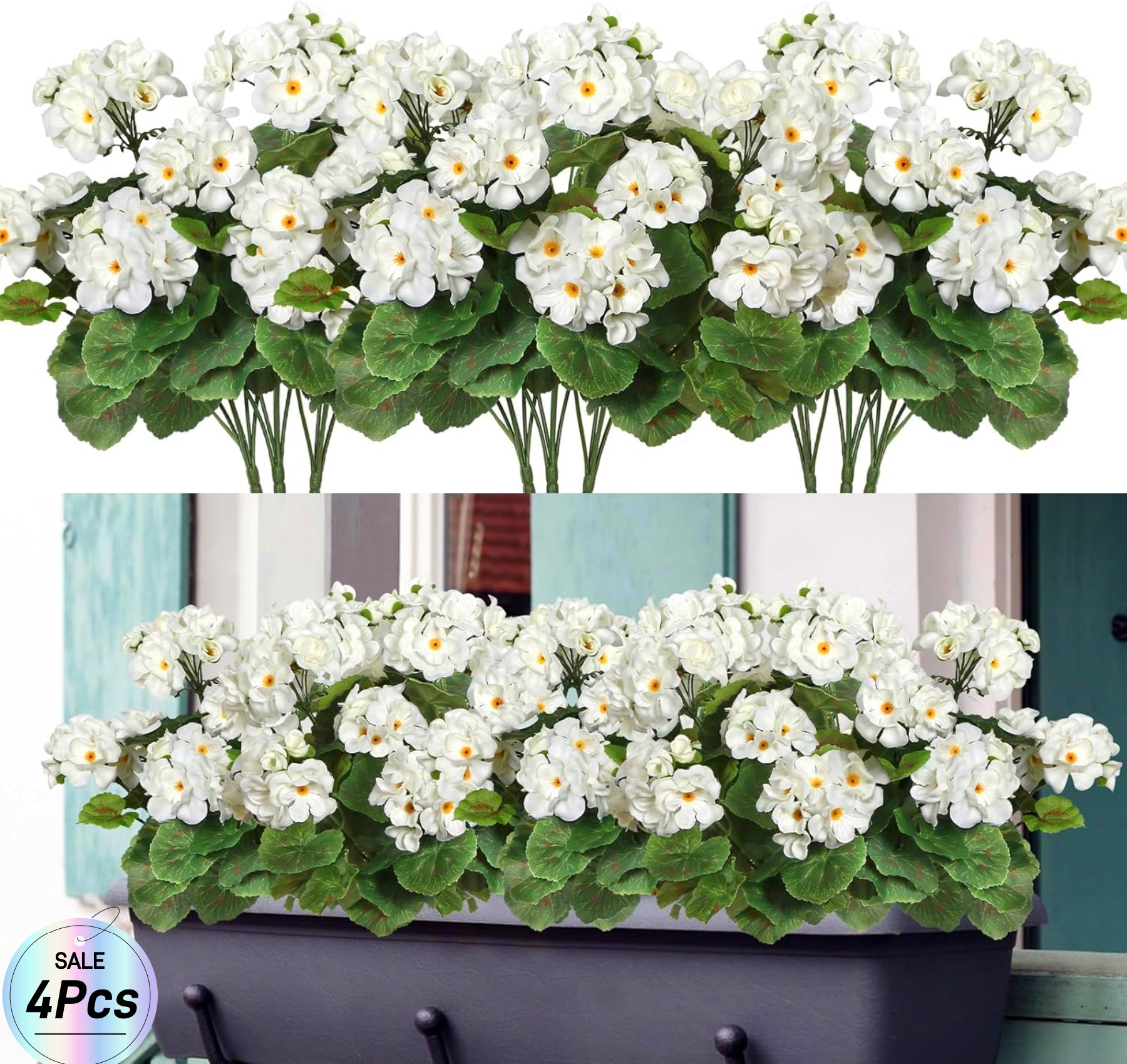 BAKIBO 4 Pcs Artificial Geraniums Outdoor Silk Flowers White Artificial ...