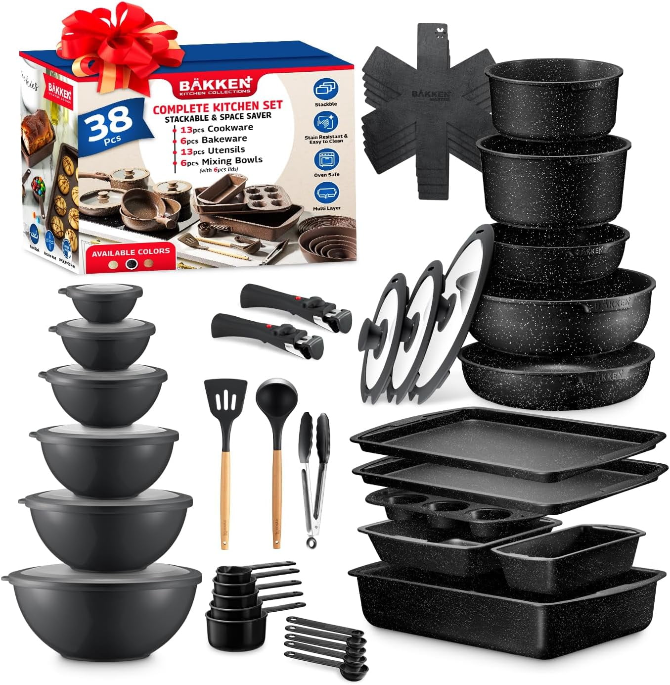 BAKKENMASTER 38 Piece Granite Cookware & Bakeware Set – Nonstick ...