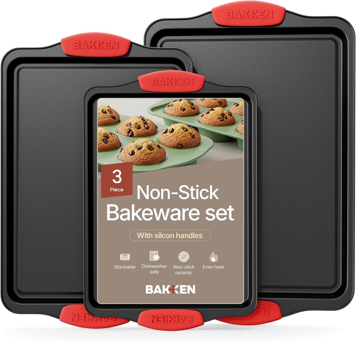 BAKKENMASTER Baking Pan Set – 3-Piece Non-Stick Carbon Steel Cookie ...