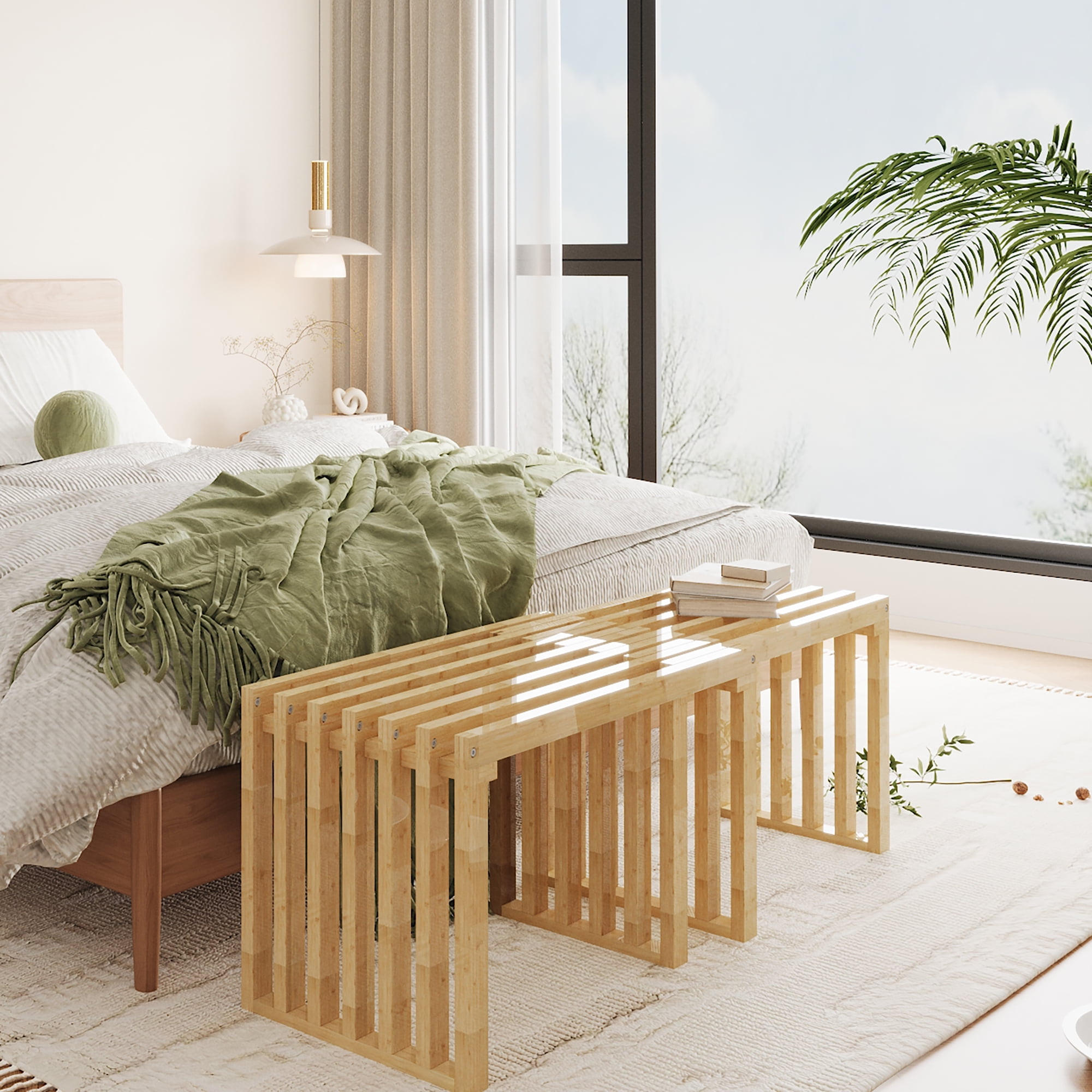 BALANBO Extendable Slatted Solid Wood Bench for Dining Room, Entryway ...