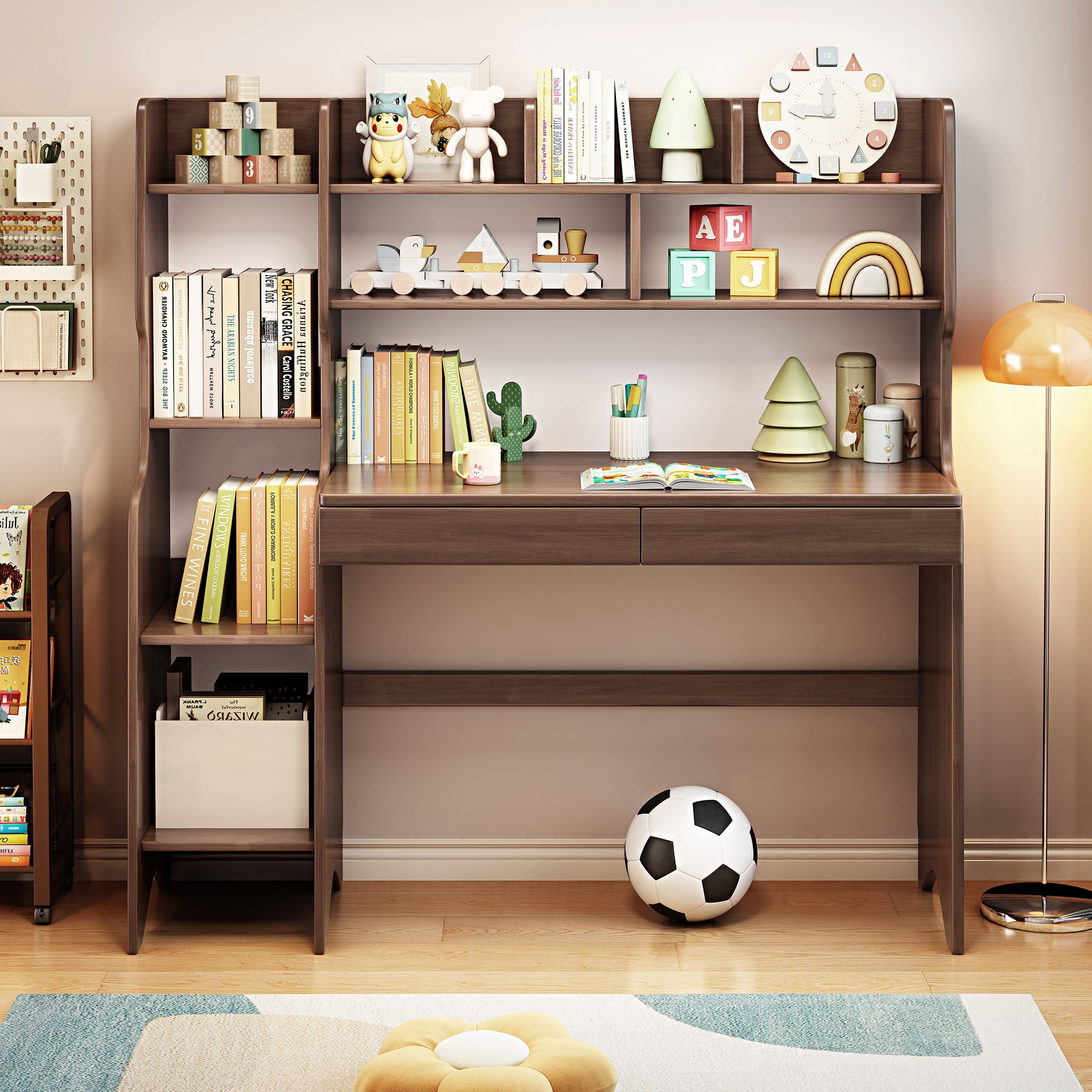 Wilk Kids Study Desk Storage Solid Wood Student Desk with Bookshelf and Drawer Brown