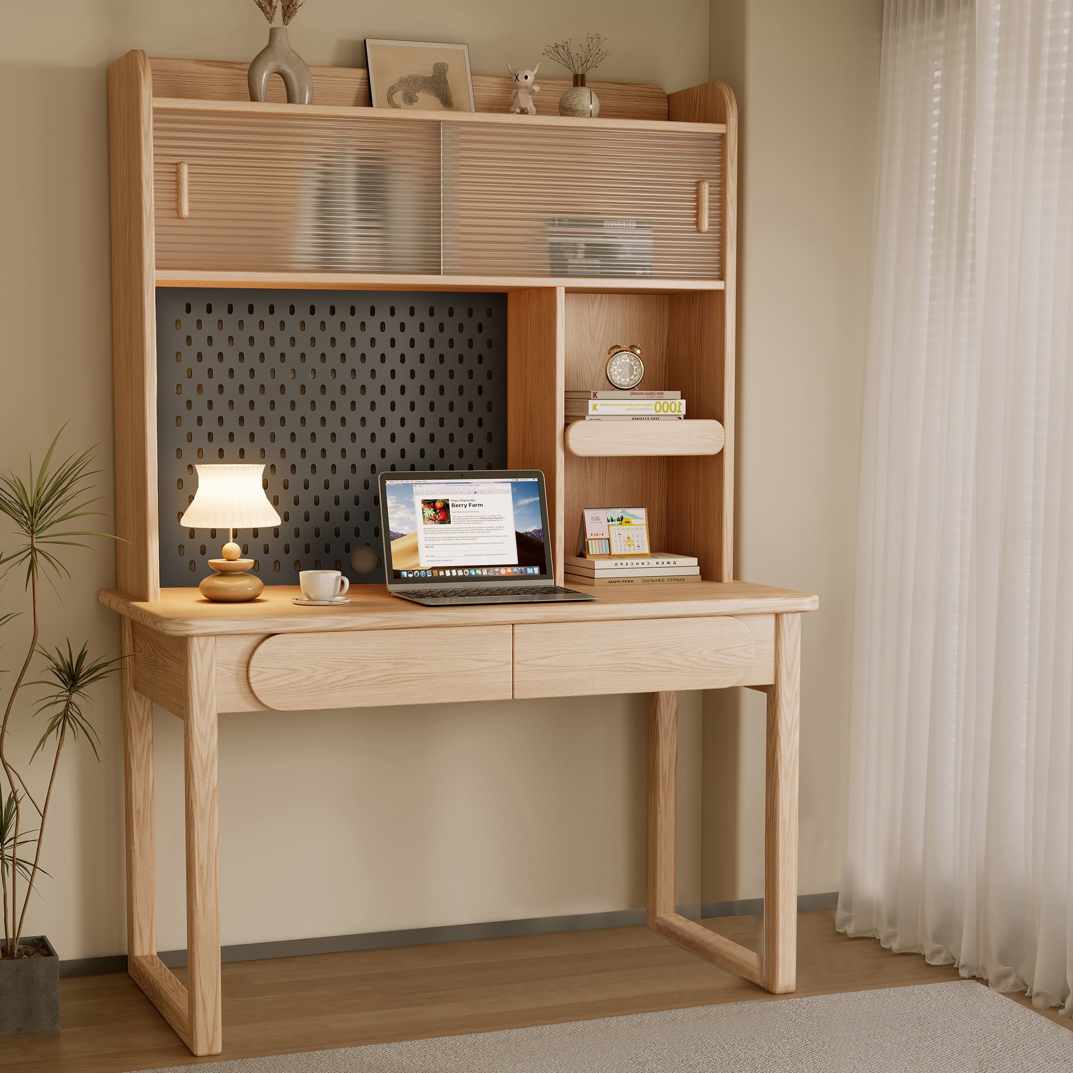 BALANBO Modern Wooden Kids Desk with Hutch and Bookshelf, Nature, Wood ...