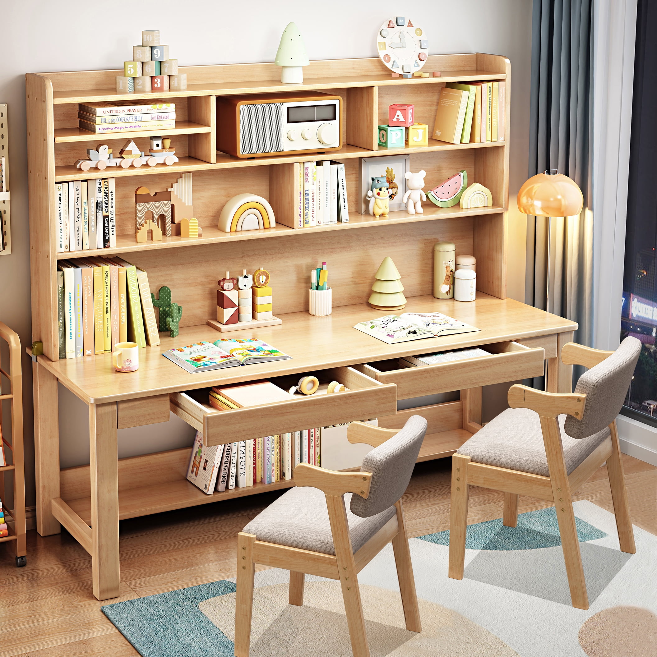 BALANBO Solid Wood Kids Desk and Chair Set with Hutch,Study Computer ...