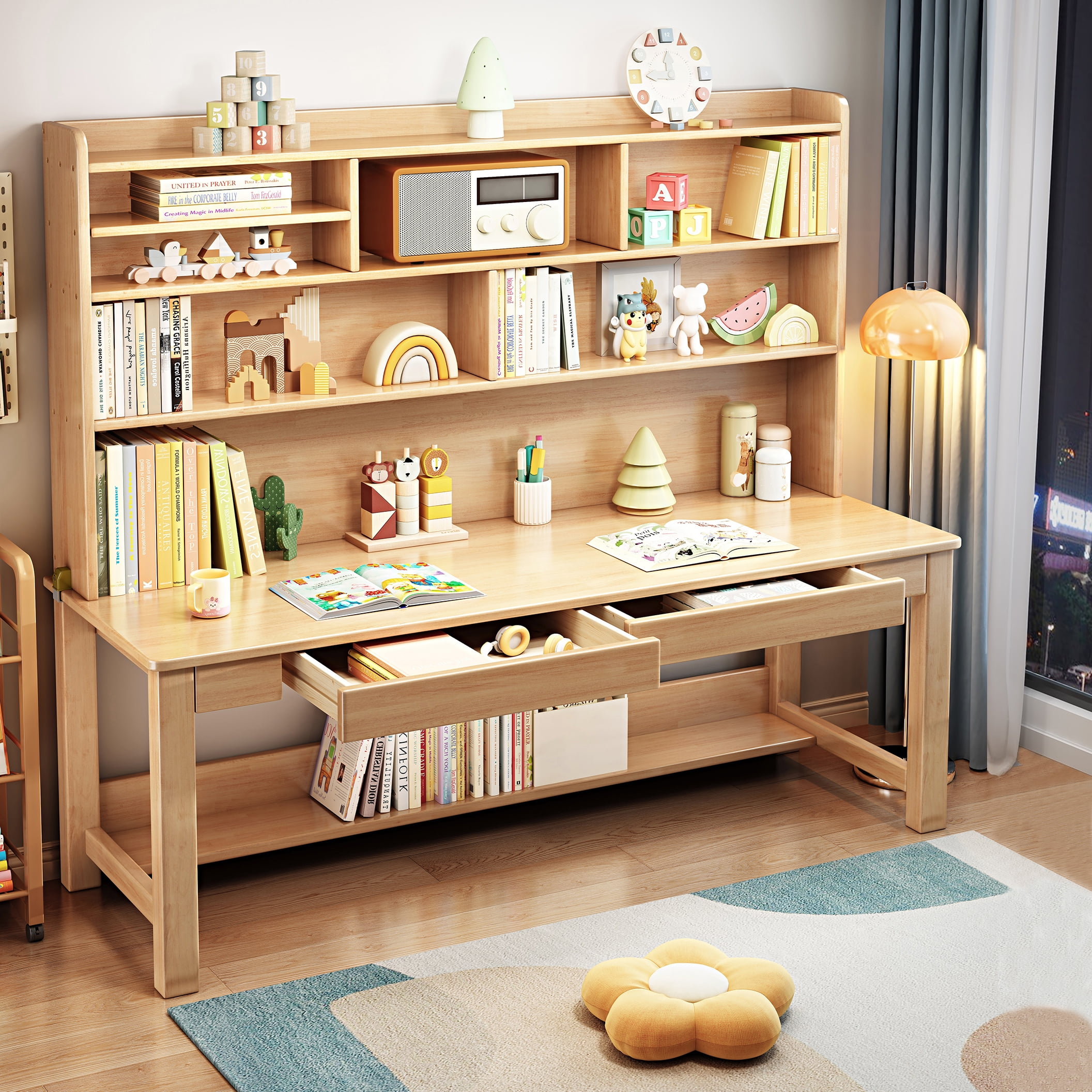 BALANBO Solid Wood Kids Desk with Hutch and Shelves, Study Computer ...
