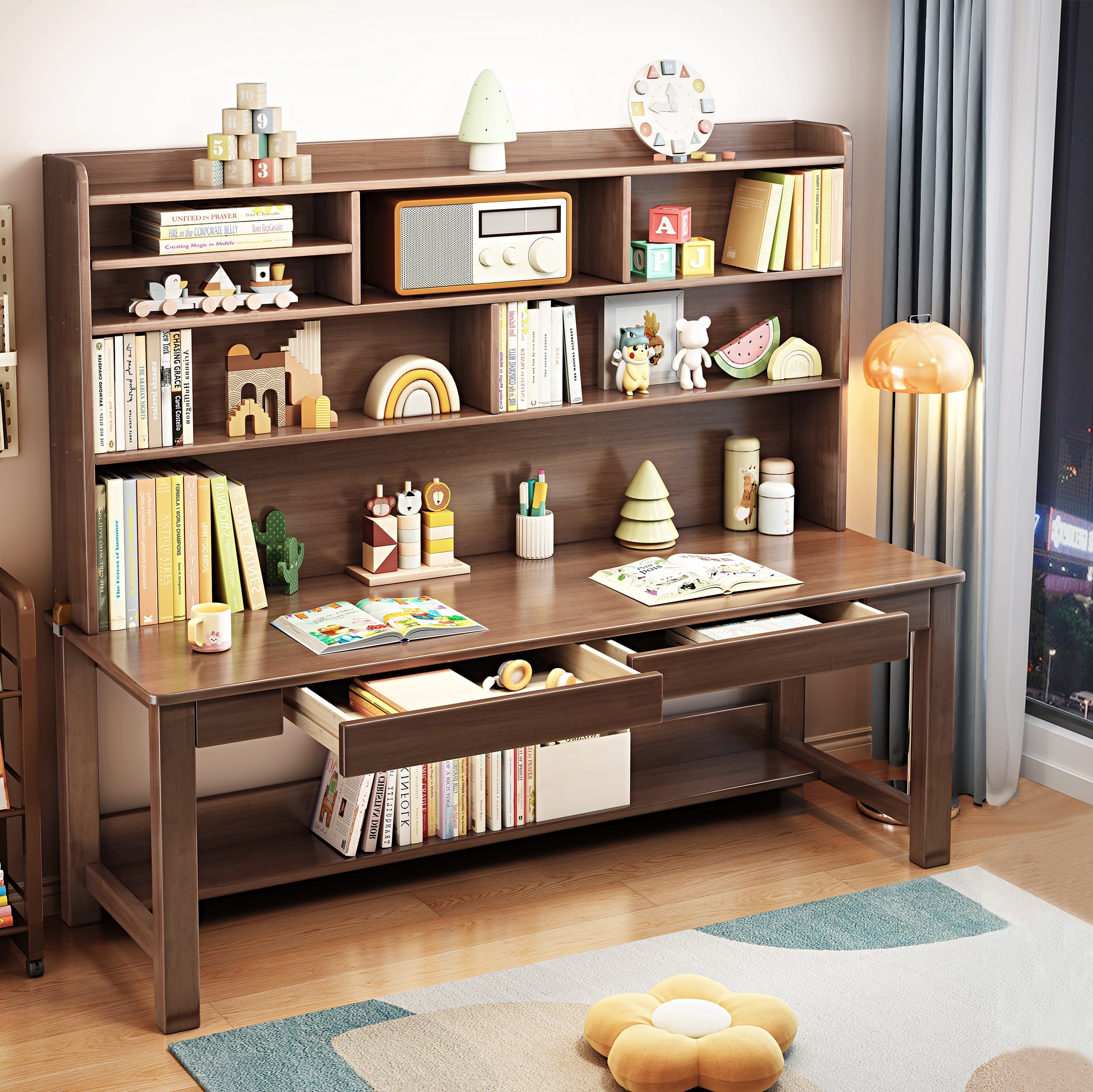 BALANBO Solid Wood Kids Desk with Hutch and Shelves, Study Computer ...