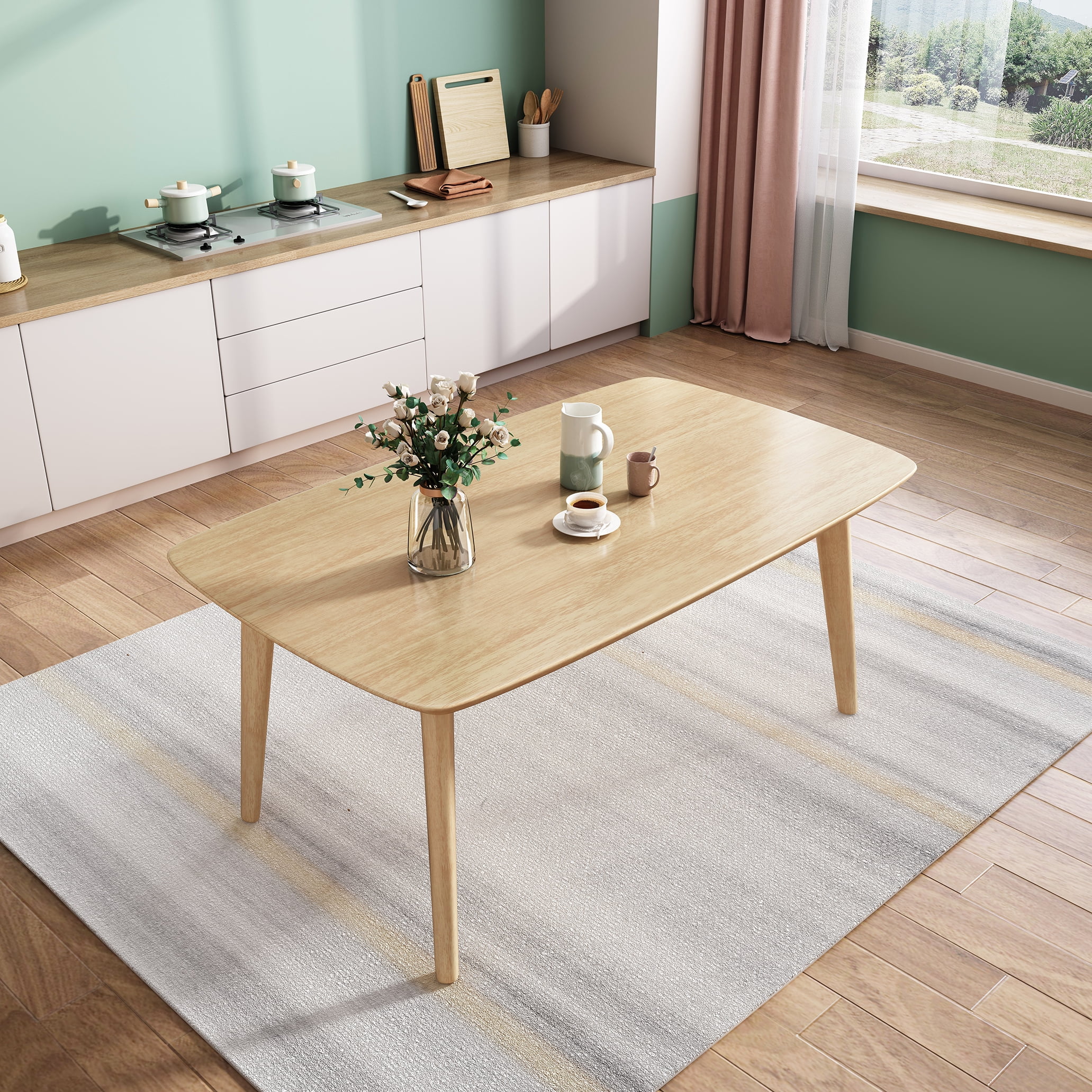 BALANBO Wardell 63” Solid Wood Kitchen Dining Table, Natural Color ...