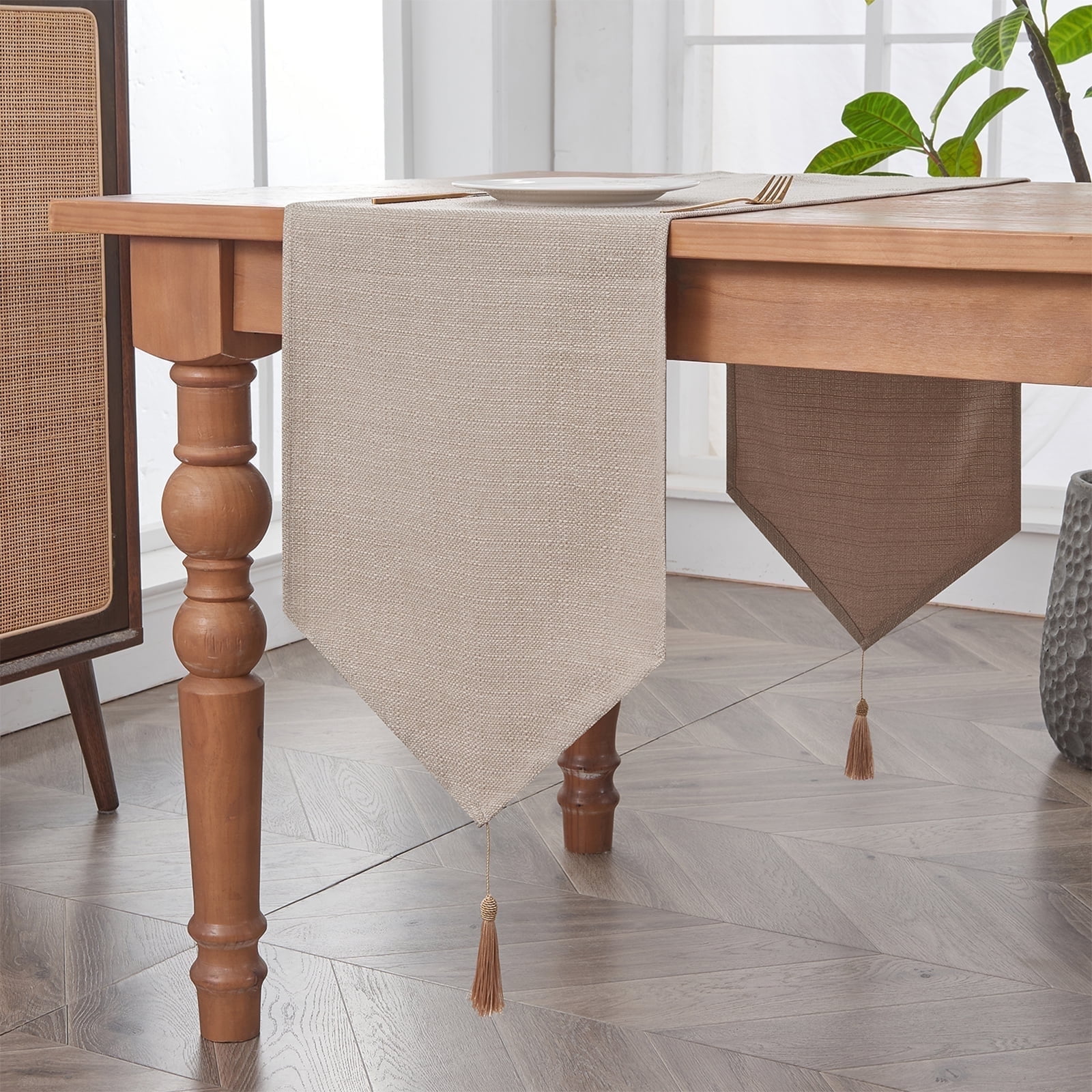 BALCONY & FALCON Beige Table Runner with Tassels, Waterproof Faux Linen Dining Table Runner, 14 ...