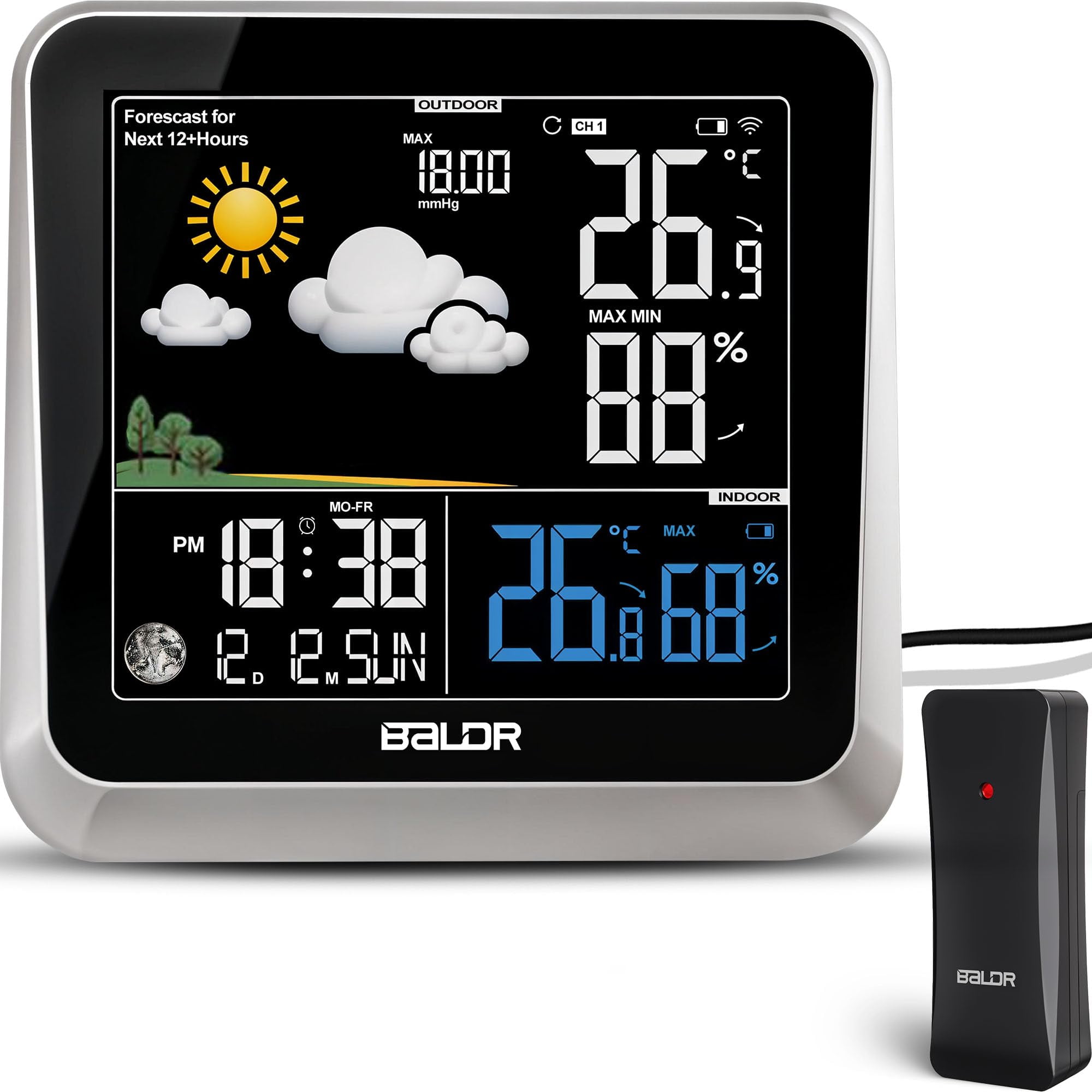 BALDR Home Weather Station Clock - Indoor Outdoor Thermometer Wireless ...