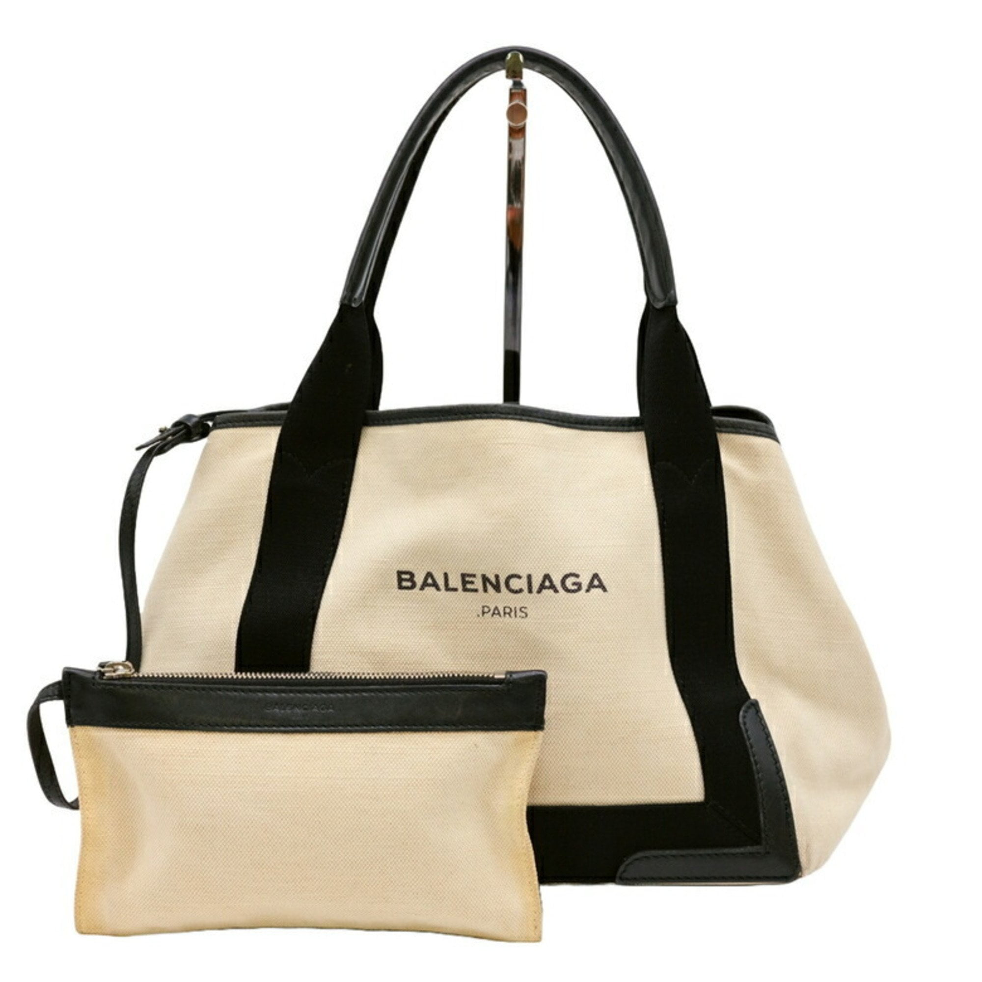 Pre-Owned BALENCIAGA Navy Cabas S Tote Bag Leather Canvas Women's White ...