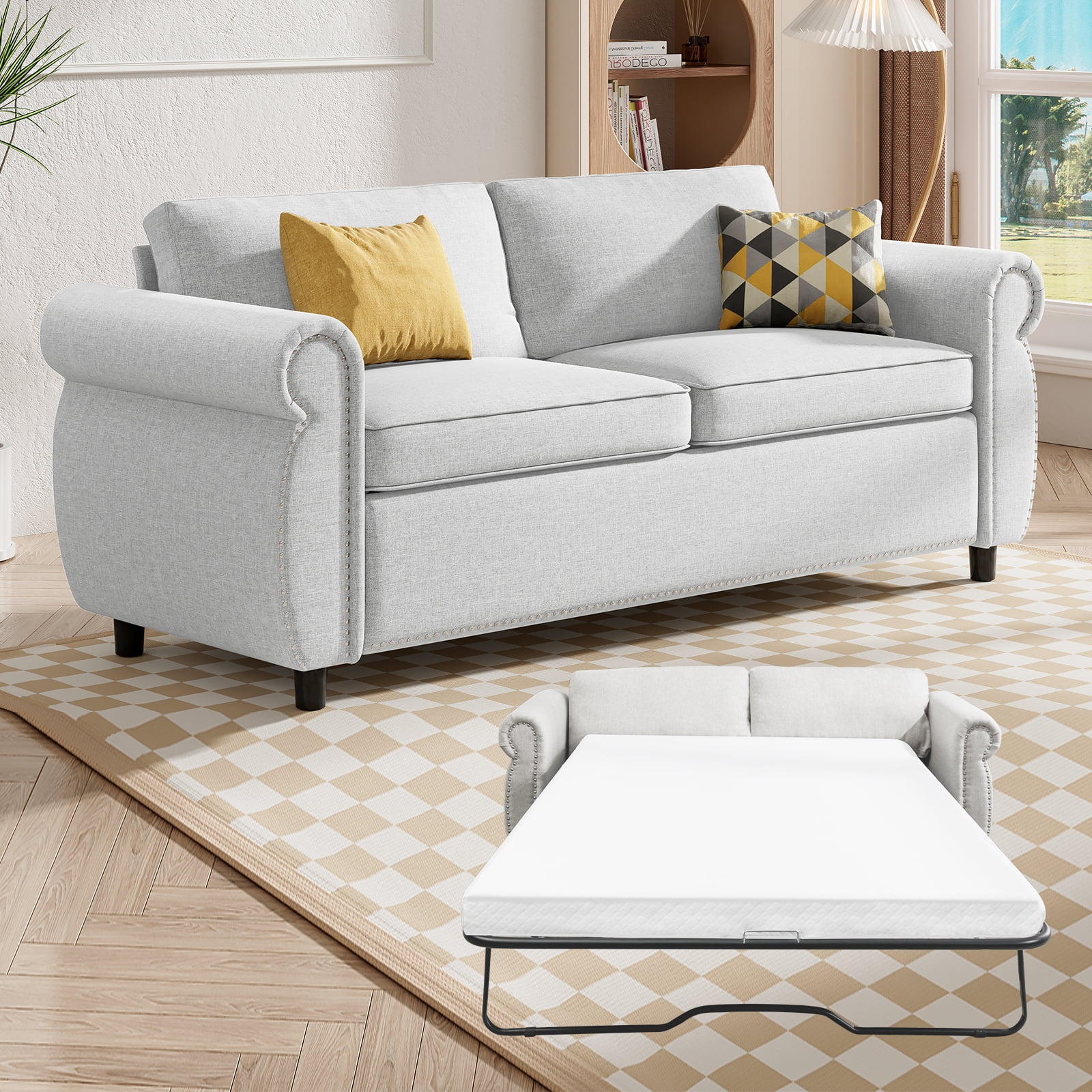 BALUS Beige 2-in-1 Pull Out Loveseat Sofa Bed, Queen Size Convertible ...