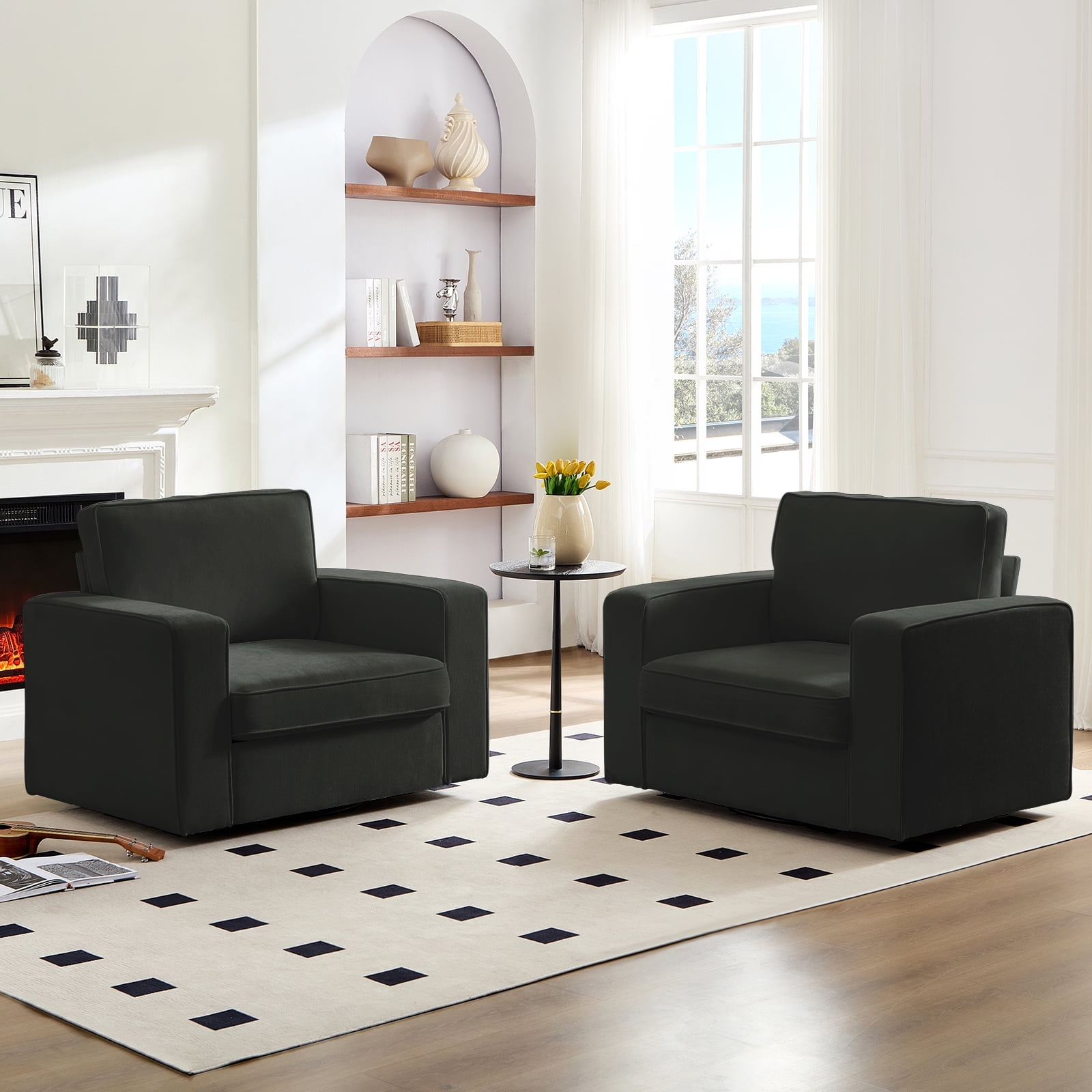 BALUS 360° Swivel Accent Chair - Linen Fabric Lounge Chair with Solid ...