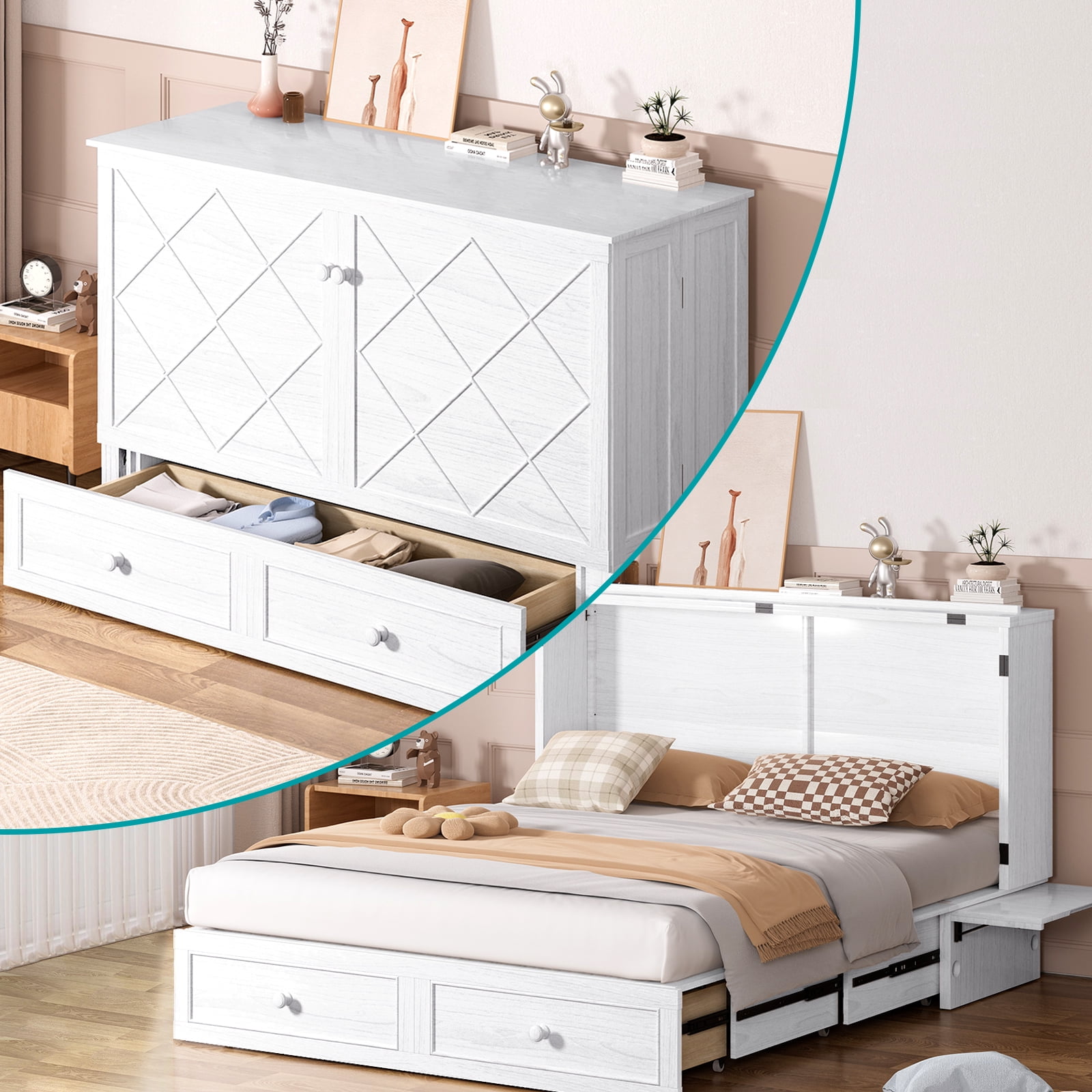 BALUS 64" Murphy Bed Cabinet with Mattress, Queen Size Modern Multi ...