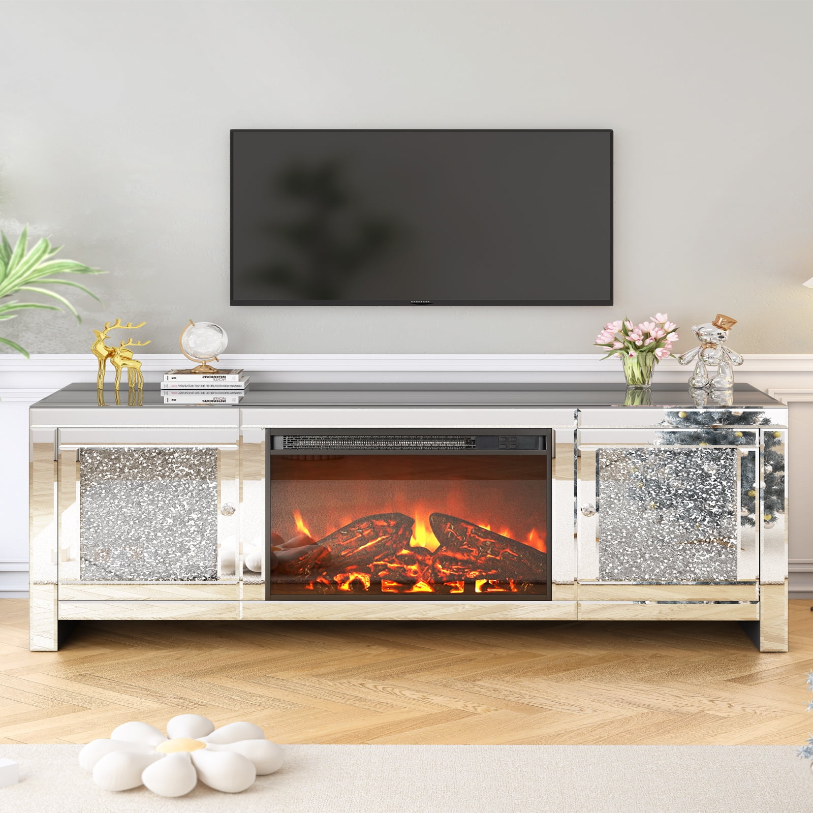 BALUS Modern Electric Fireplace, LED Light & Storage, Mirrored TV Stand ...