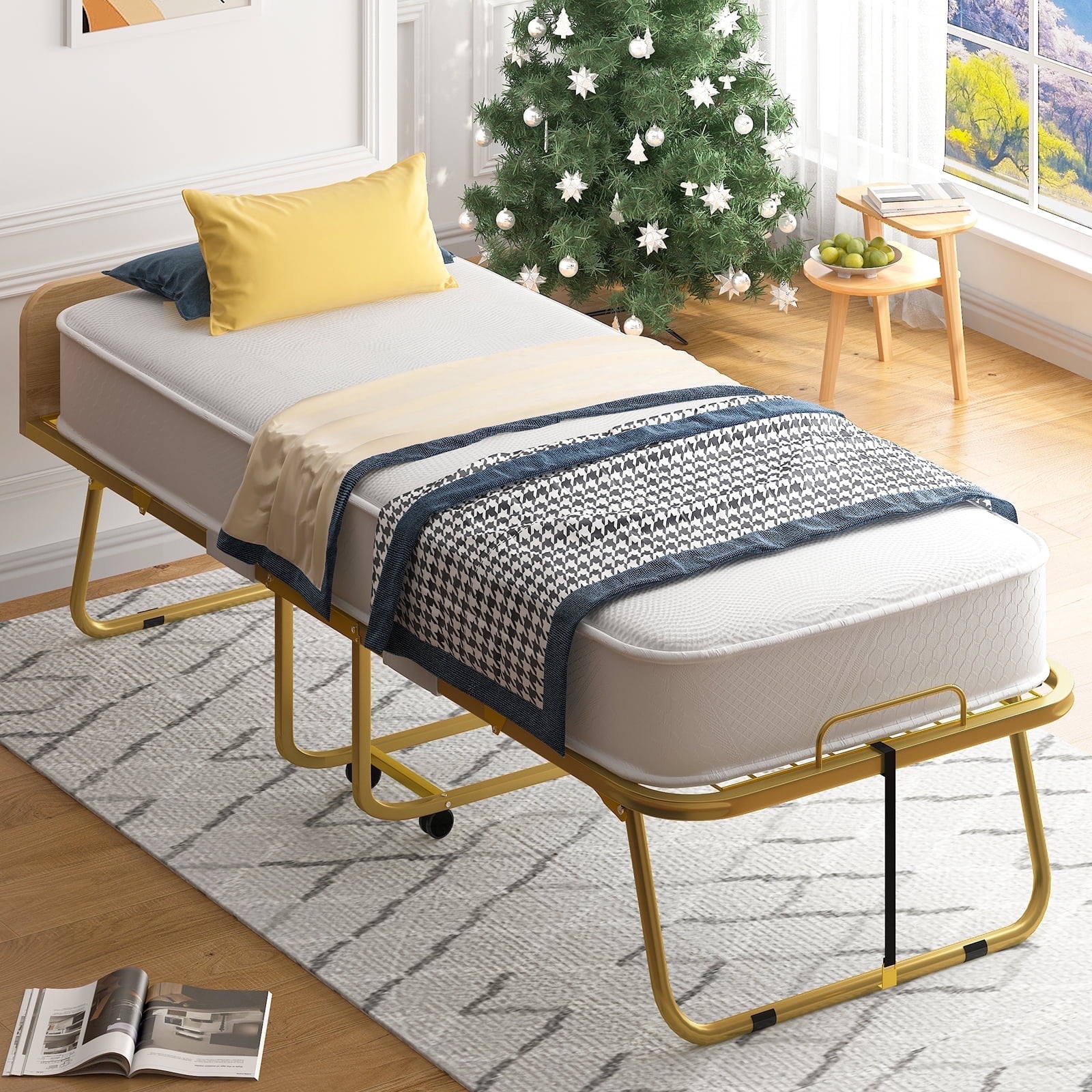 BALUS Folding Bed with Mattress, 75" x 38" Rollaway Bed Twin Size Bed Frame, Foldable Cot Guest ...