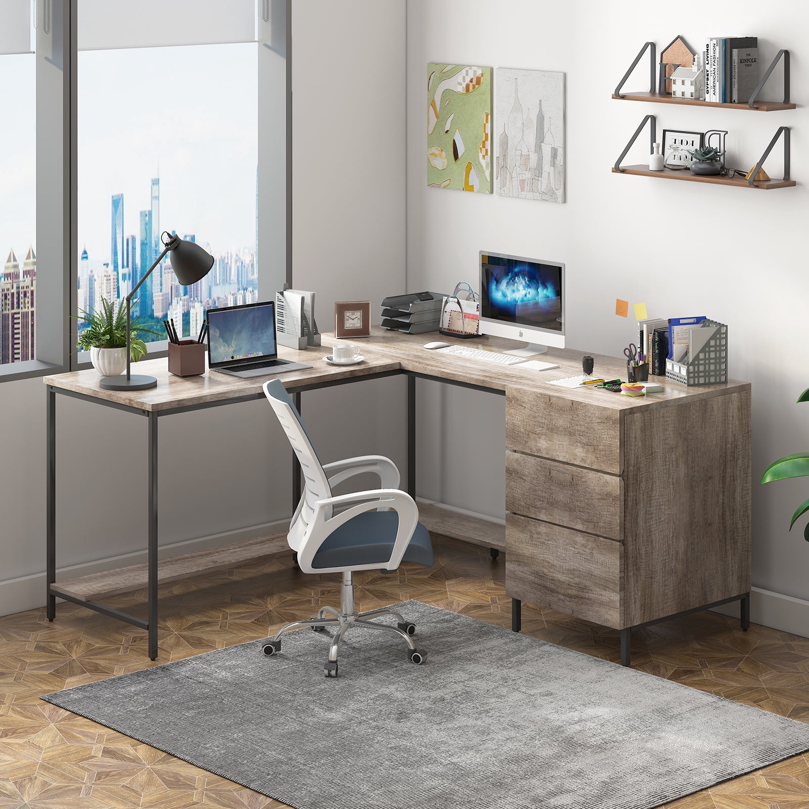 BALUS L Shaped Computer Desk With 3 File Drawer, Coner Desk with Bottom ...
