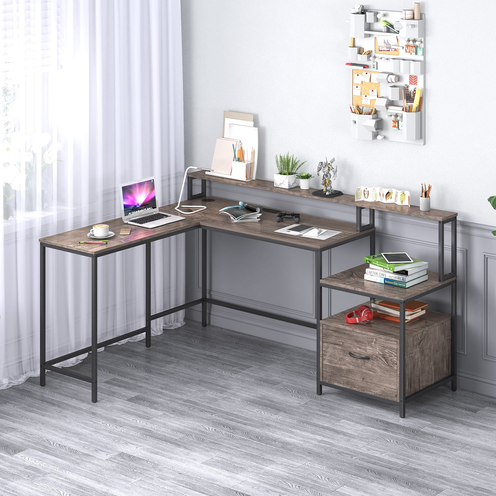 BALUS L Shaped Computer Desk With Power Outlets & File Drawer, Office Coner Desk With Monitor ...