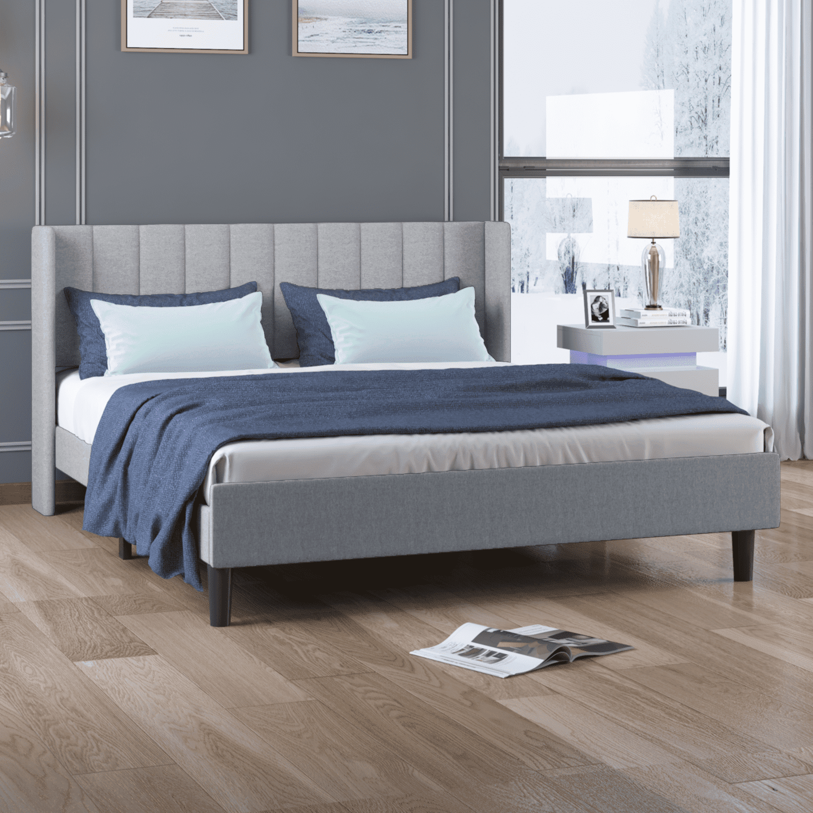 BALUS Madison Full Bed Frame with Upholstered Headboard and Wingback ...