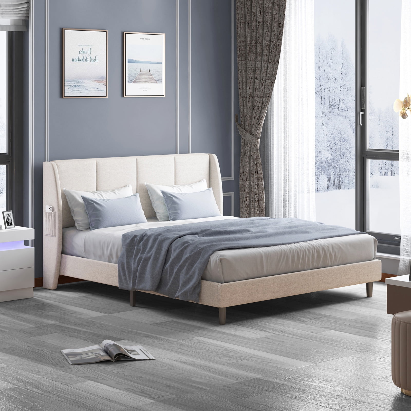 BALUS Madison King Bed Frame with Upholstered Headboard, 2 Wingbacks ...