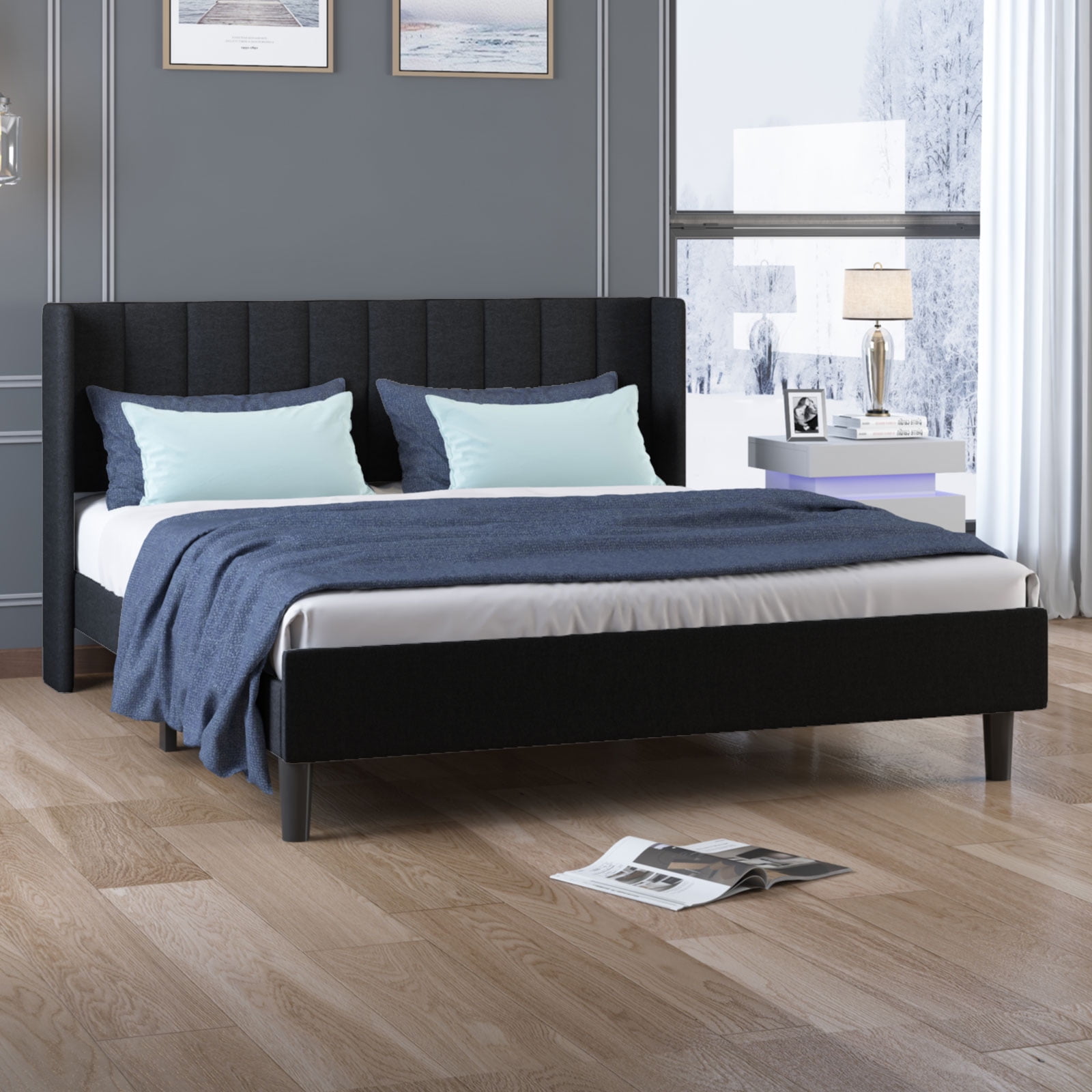 BALUS Madison King Bed Frame with Upholstered Headboard and Wingback ...