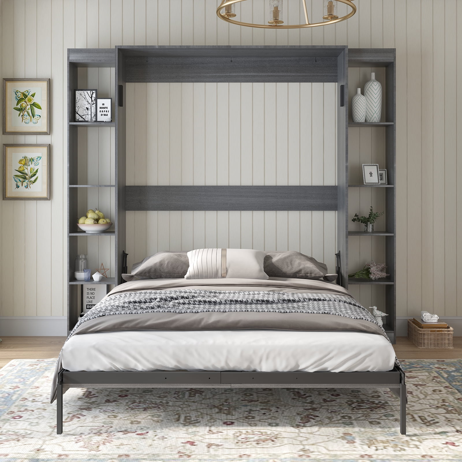 BALUS Modern Murphy Bed Frame with Side Shelves, Wall Bed Frame with ...