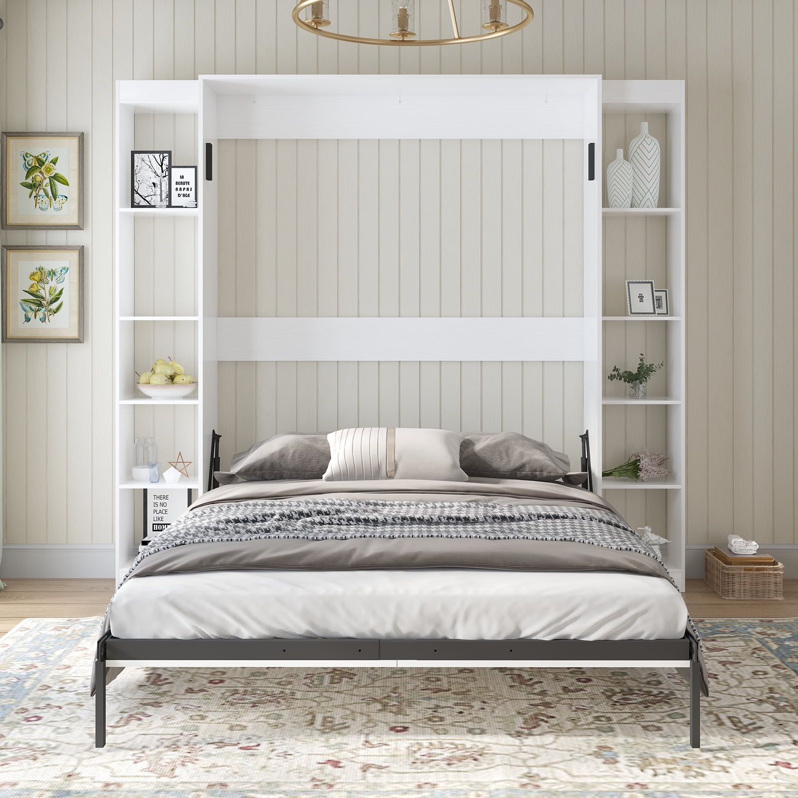 BALUS Modern Murphy Bed Frame with Side Shelves, Wall Bed Frame with ...