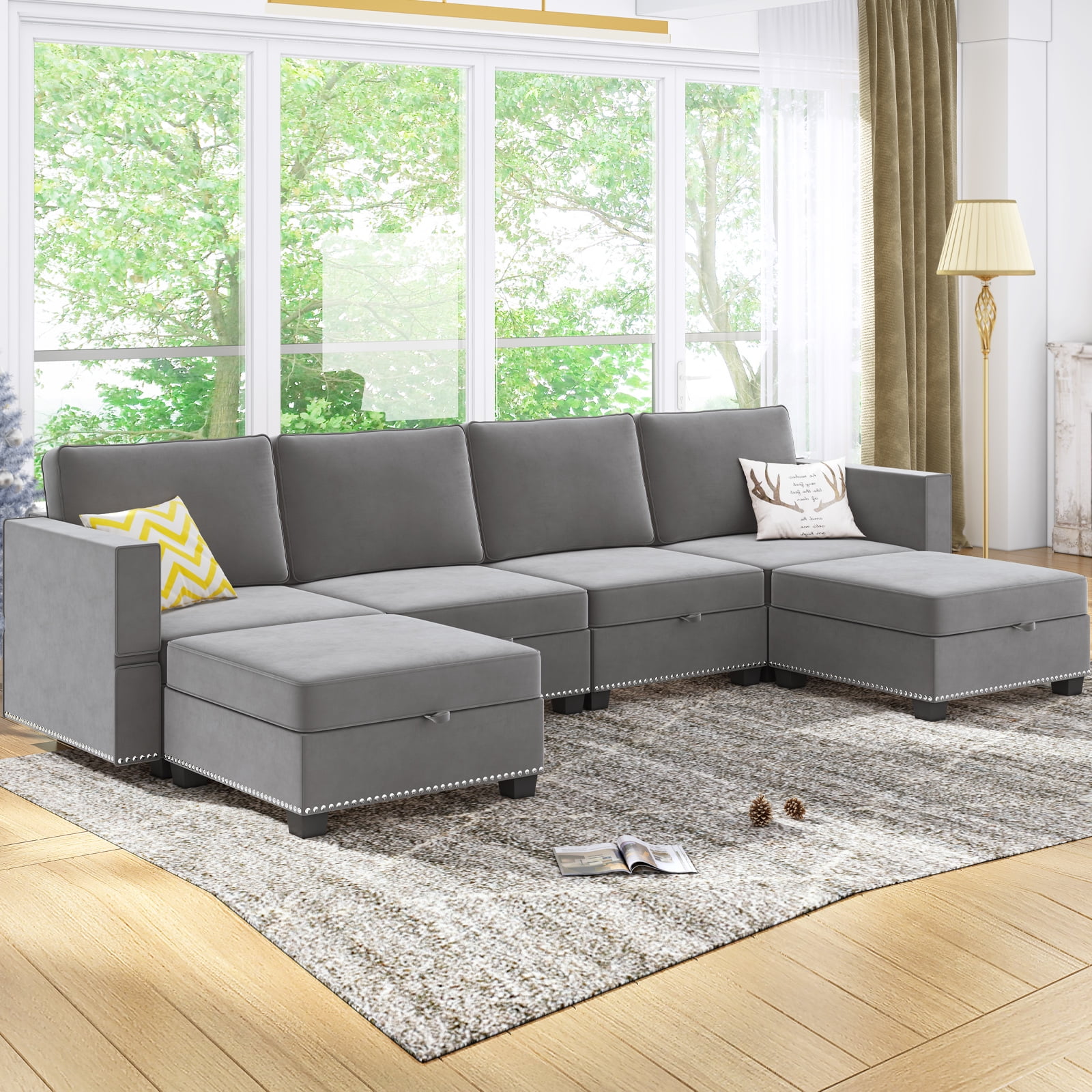 BALUS Modern U Shaped Sectional Sofa with Storage Ottomans, Convertible ...